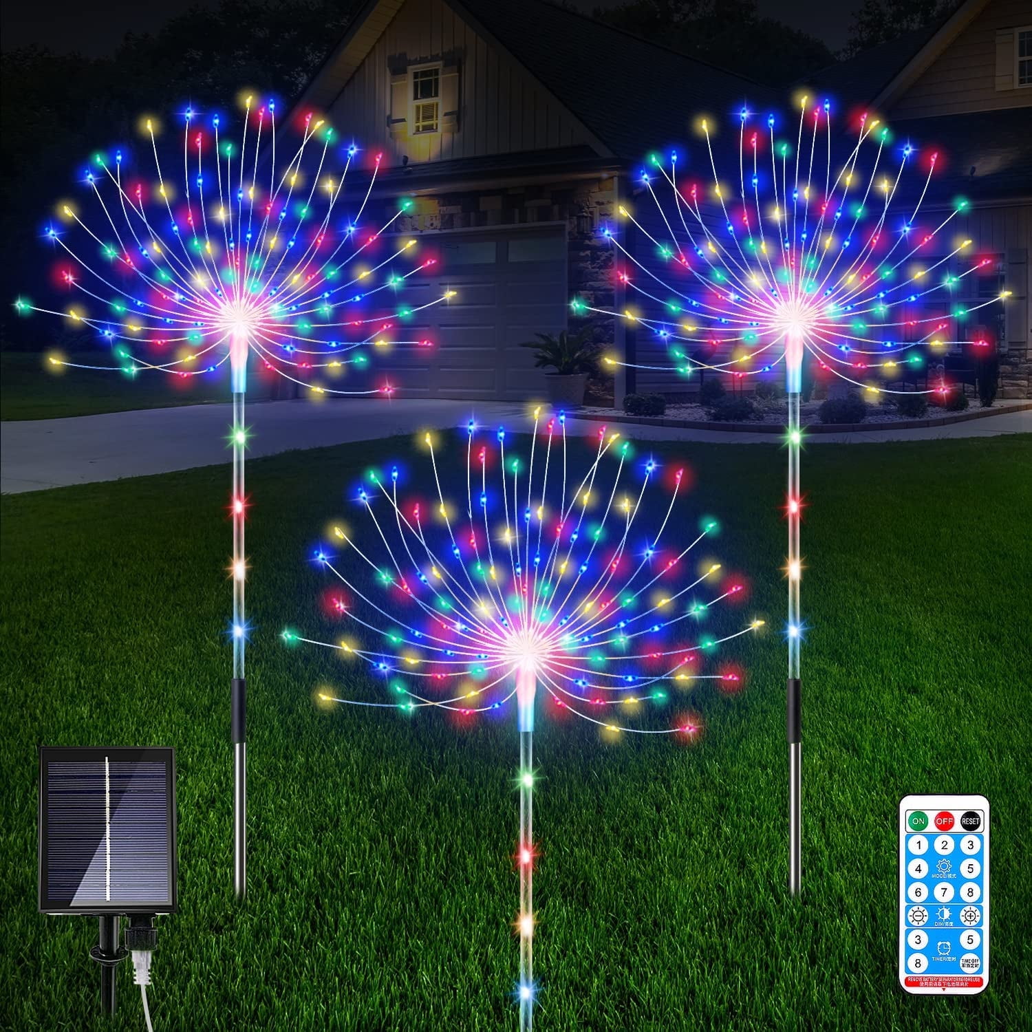 GIXUSIL Solar Garden Lights Outdoor, 3Pack 360 LED Solar Fireworks Lights Waterproof 8 Modes ...