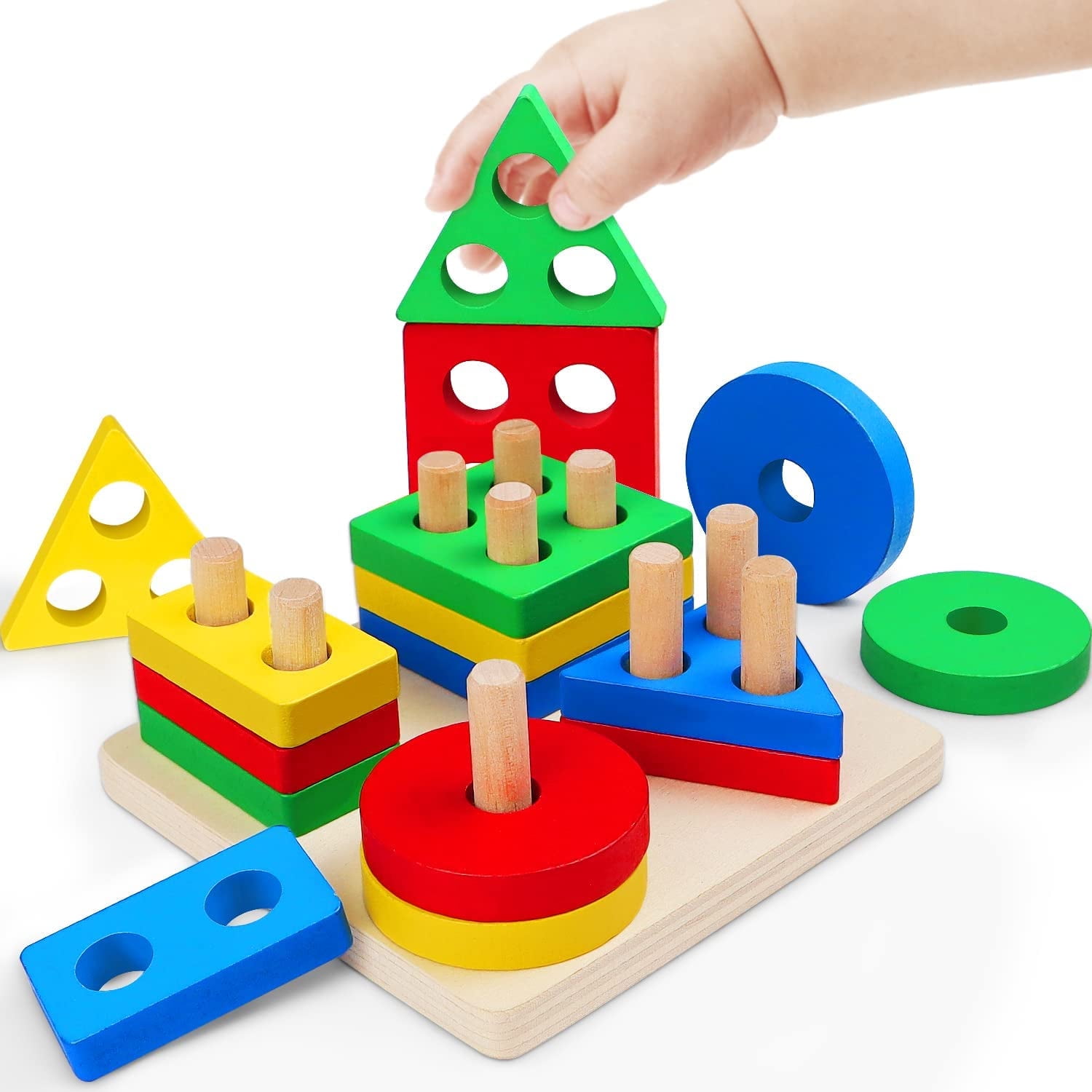 GIXUSIL Wooden Sorting Stacking Montessori Toys, Shape Color ...