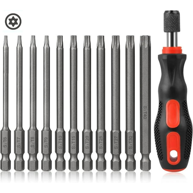 Torx Bit Set with 1/4'' Quick Release Bit Driver, 100mm 11 Piece Security Tamper Proof Torx Star ...