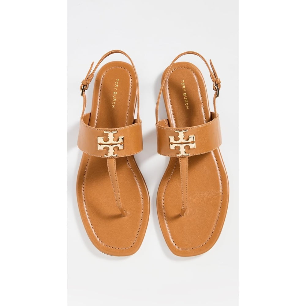 Tory Burch Eleanor Women Leather Thong Sandals Caramel Corn Tan Flat ...