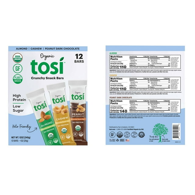 Tosi Organic Crunchy Snack Bars Variety Pack (Almond, Cashew, Peanut ...