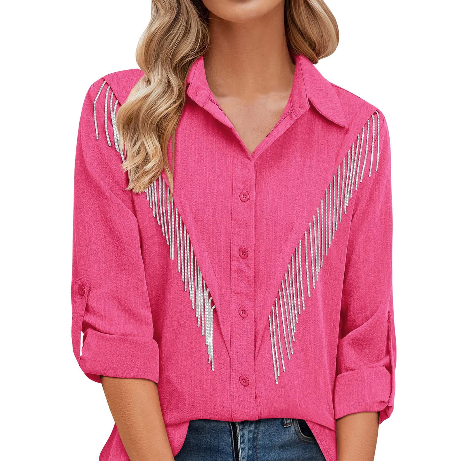 Tosmy Blouses For Women Rhinestone Fringe Button Down Shirt Rolled 3/4 ...