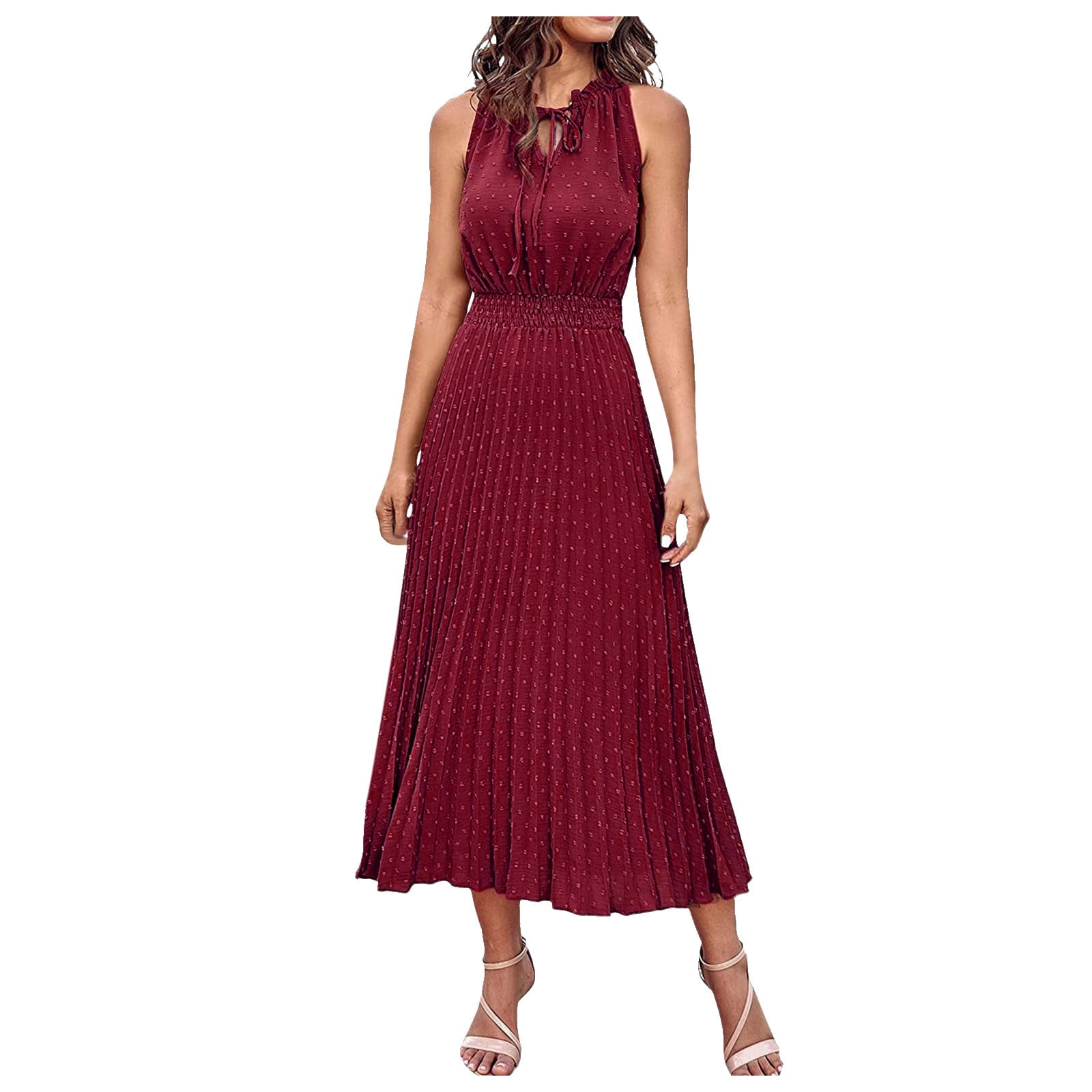 Tosmy Summer Dress Female Casual V Neck Dot Ruffle Sleeveless Beach Sun ...