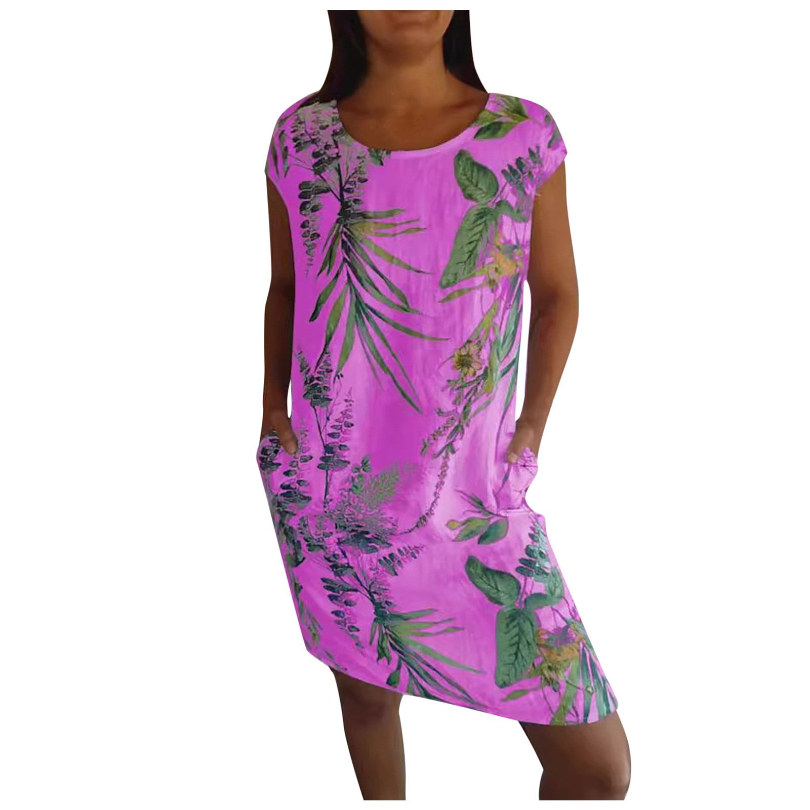 Tosmy Summer Dress Women's Cotton Linen Crew Neck Printed Dress ...