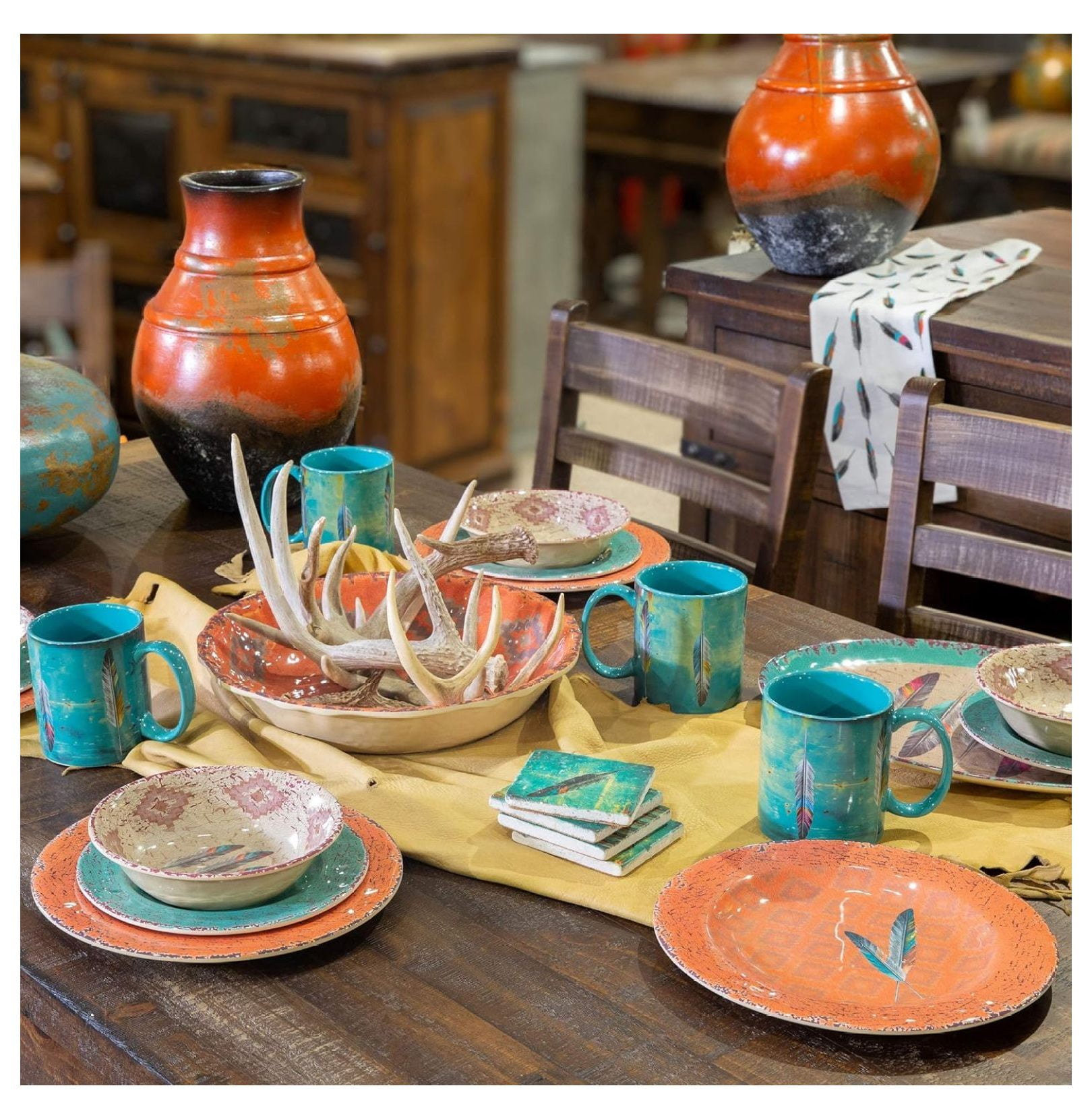 Tossed 14 Piece Melamine Plastic Western Dinnerware Set, Orange Tan ...