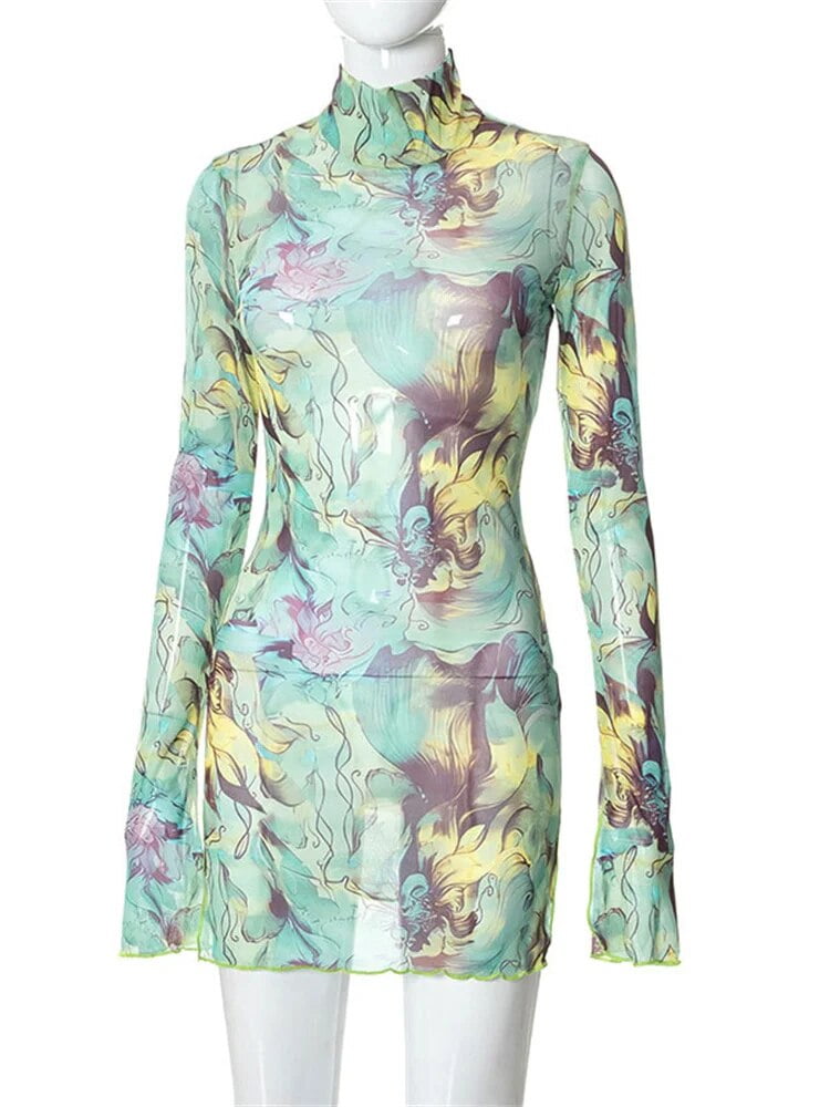 Tossy Art Printed Print Mesh Dress For Women Sexy See-Through Bodycon ...