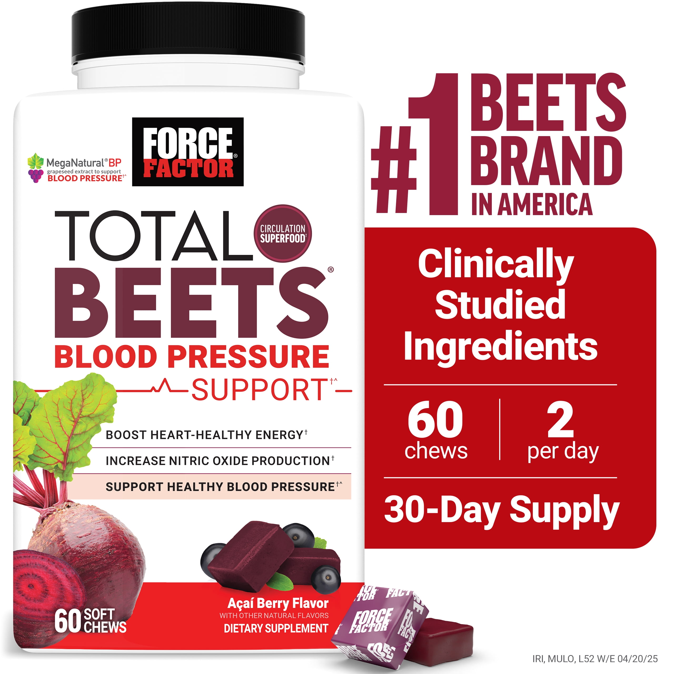 Force Factor Total Beets Blood Pressure Support, Beetroot Chewys with ...