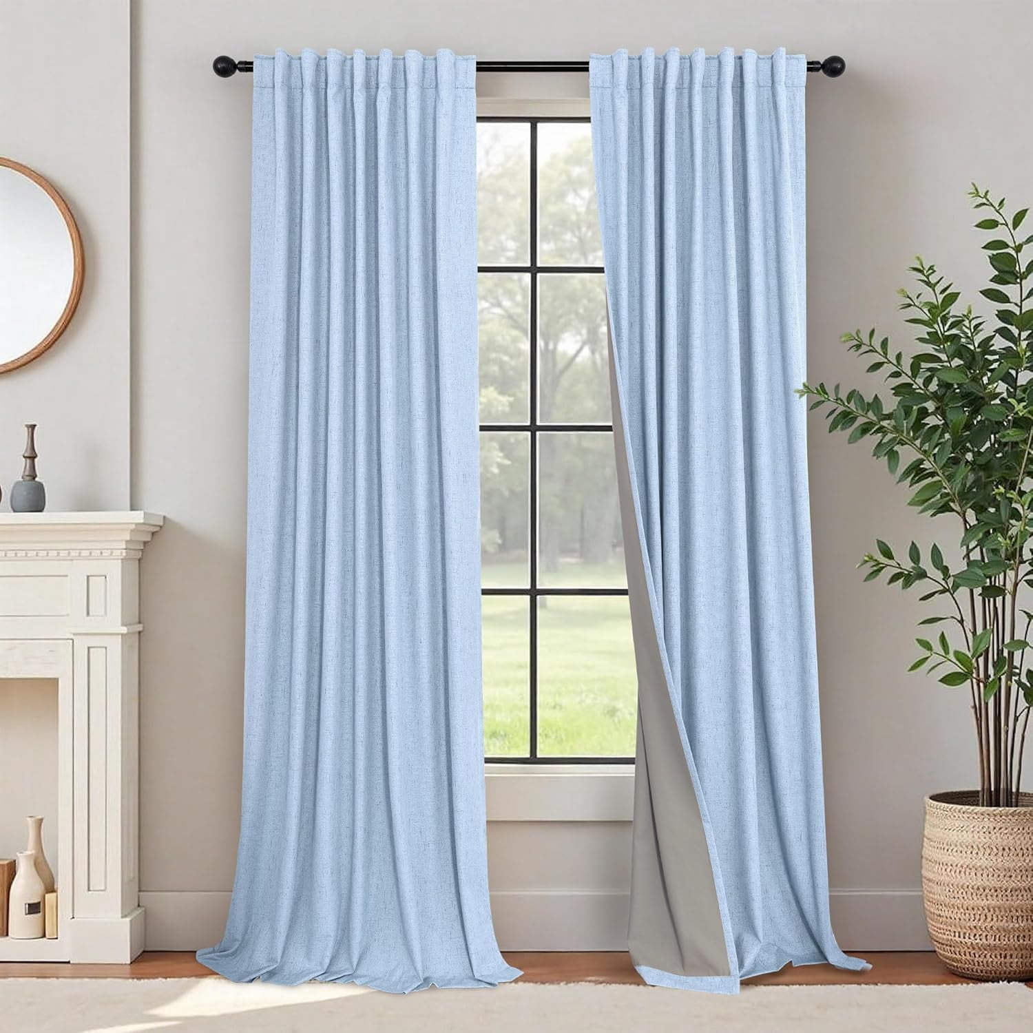 Total Blackout Baby Blue Linen Curtains 108 Inches Long 2 Panel Set ...