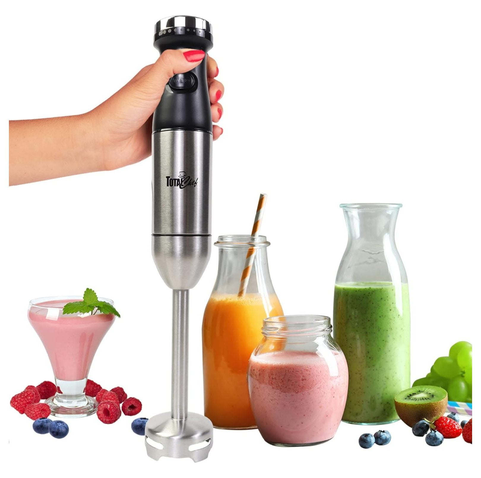 Total Chef Hand Blender Variable Speed Immersion Blender 225W with Turbo Black and Silver ...