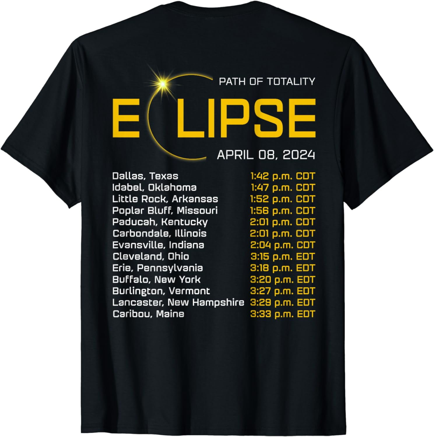 Totality Path 2024 American Total Eclipse Map ON BACK T-Shirt - Walmart.com