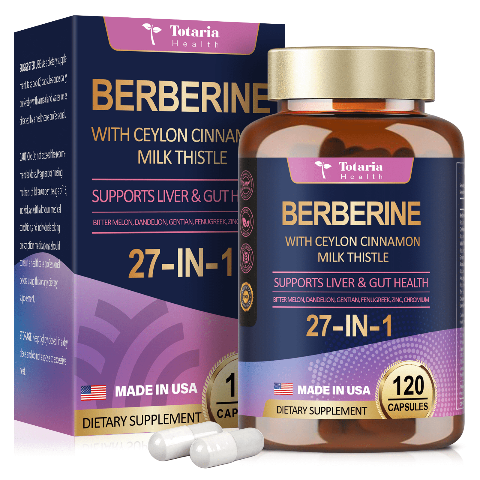 Totaria Berberine Plus Capsules - 120 Count with Ceylon Cinnamon & Milk ...