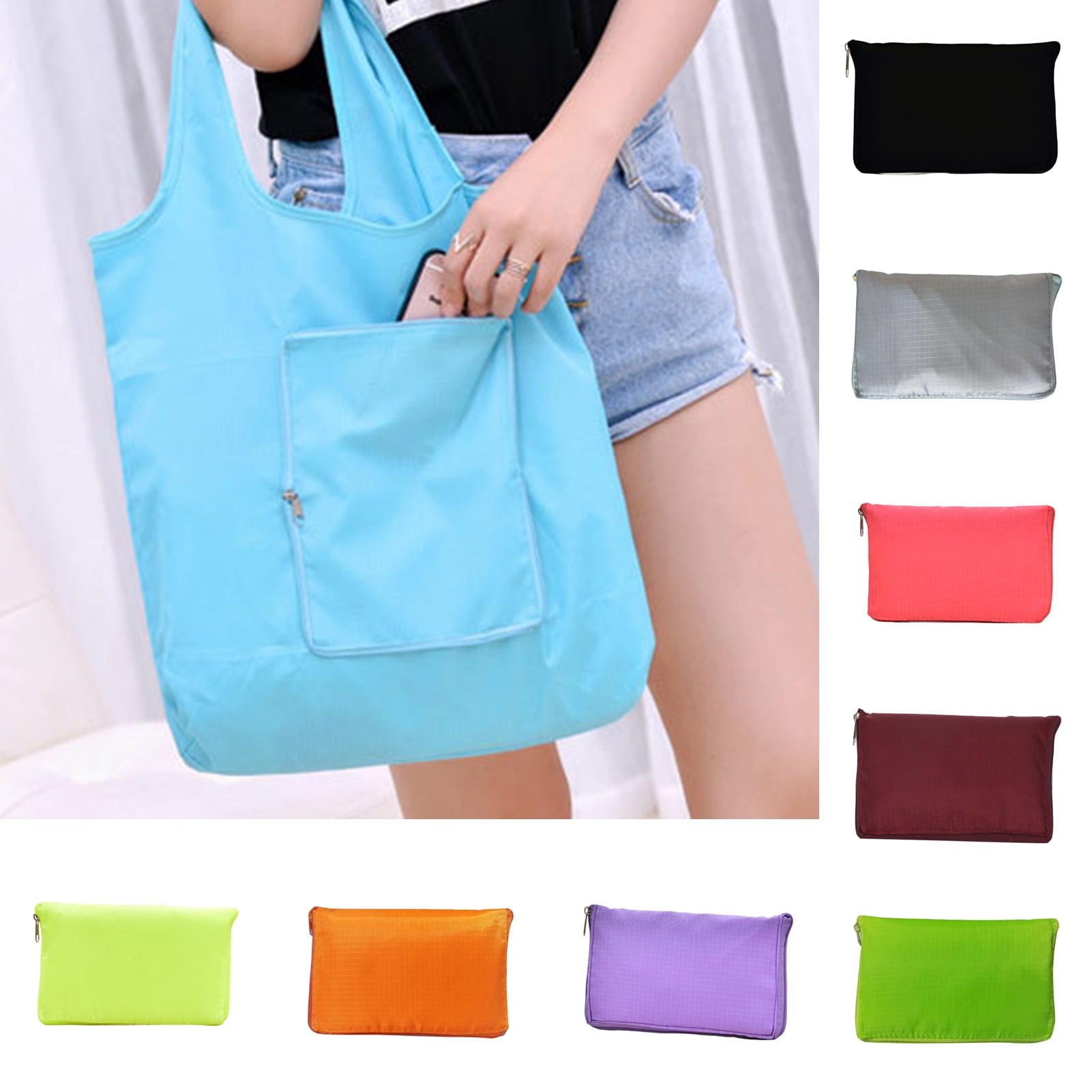 Tote Bag Large Zipper Retractable Sturdy Handle Oxford Cloth Eco ...