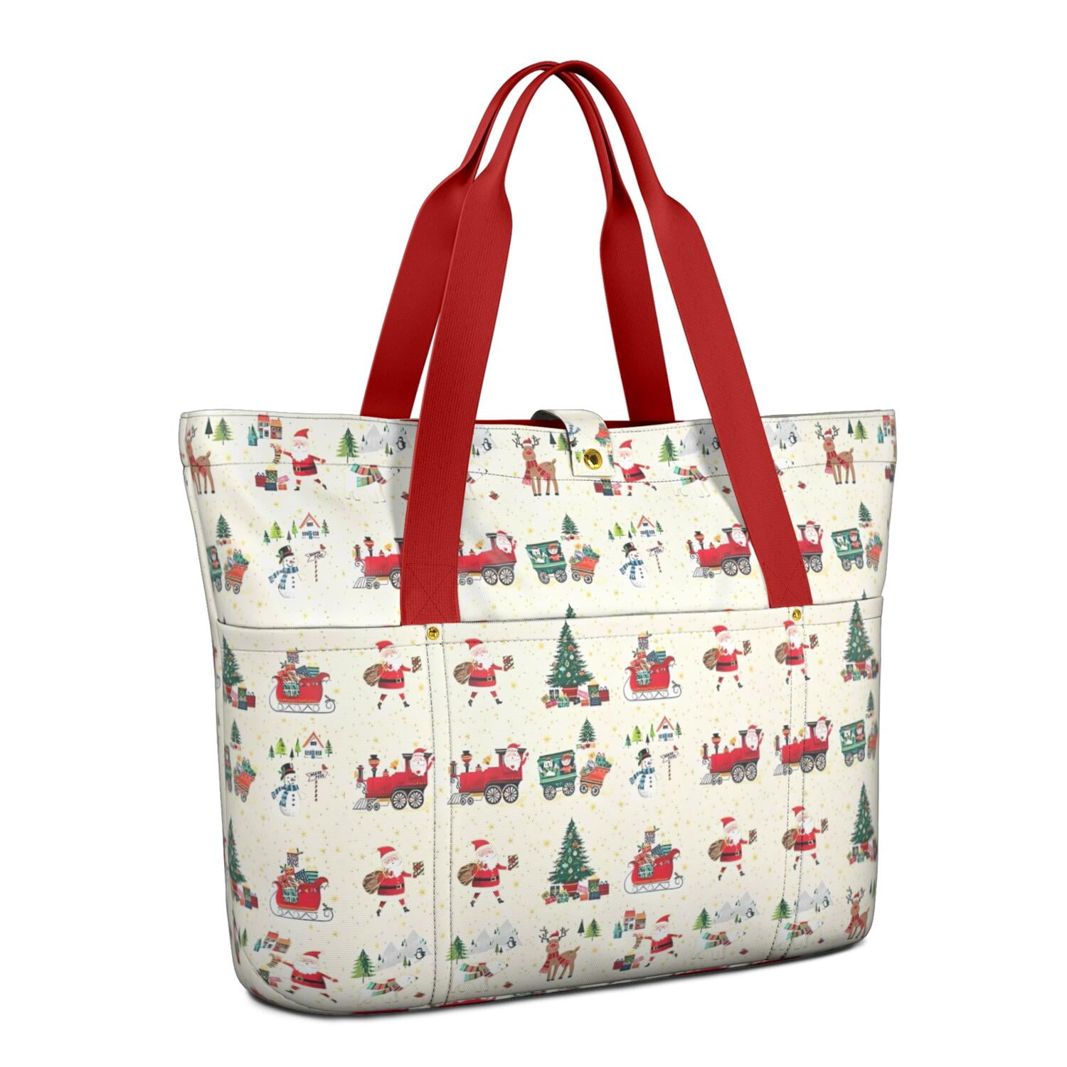 Tote Bag for Women - Beige Christmas Santa and Train Pattern Shoulder ...