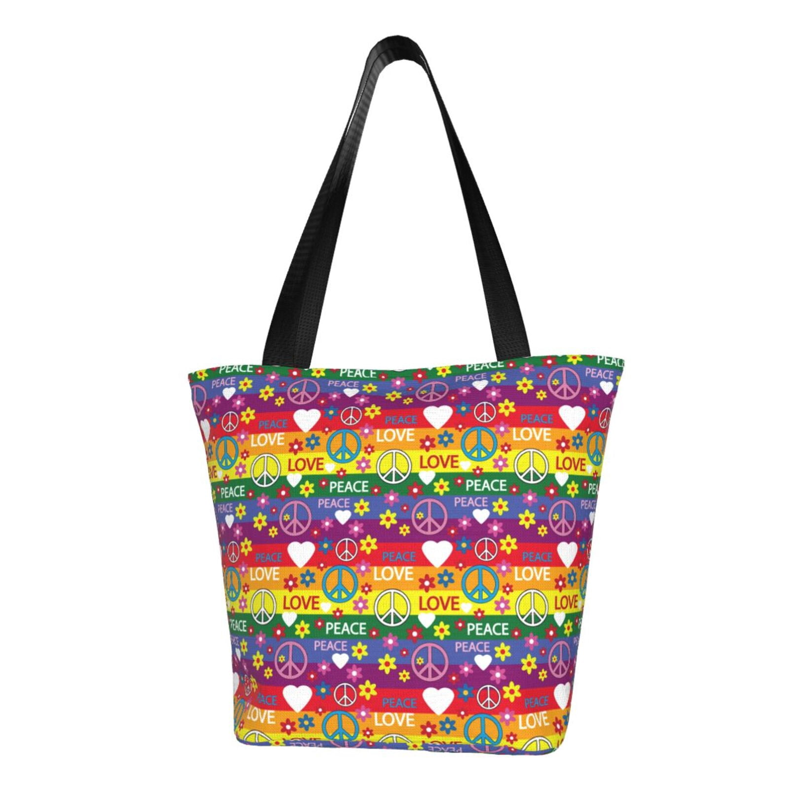 Tote Bag for Women, Rainbow peace sign heart flower Large Capacity ...