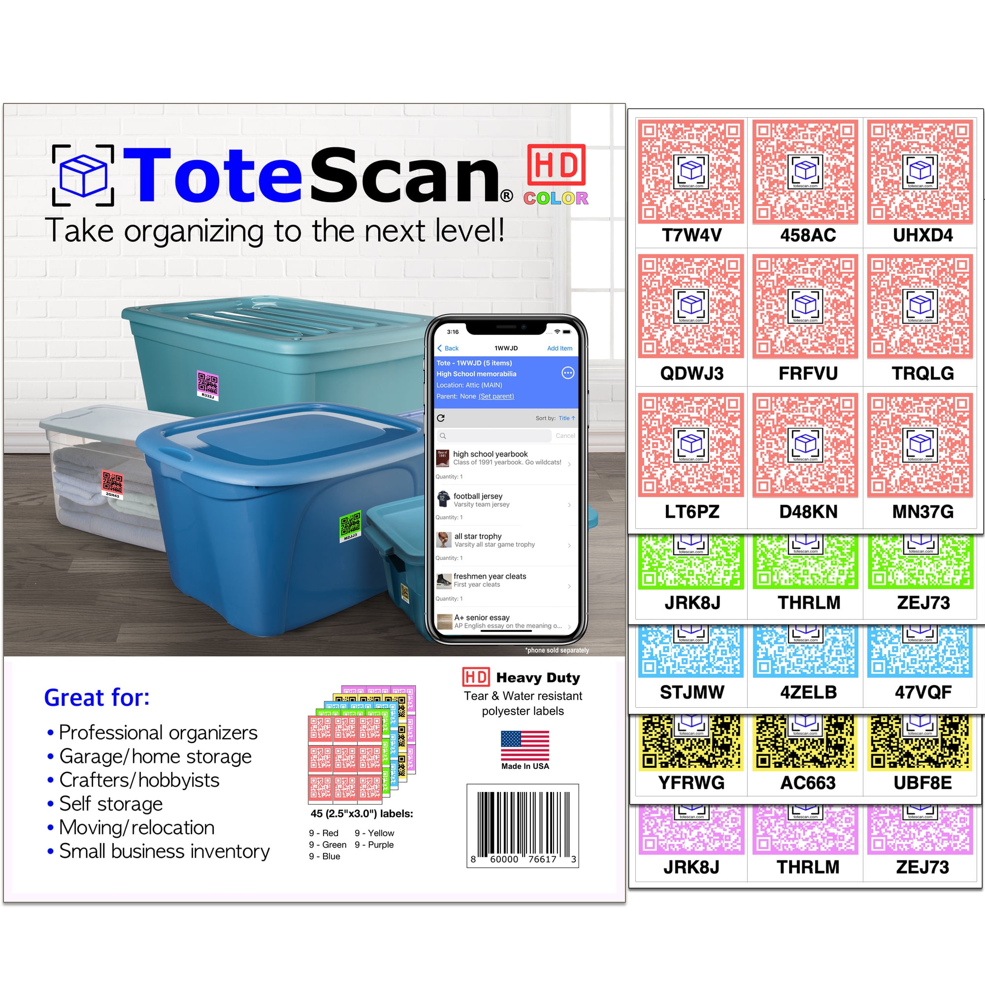 ToteScan Heavy Duty Color Intelligent QR Labels for Organization/Moving ...