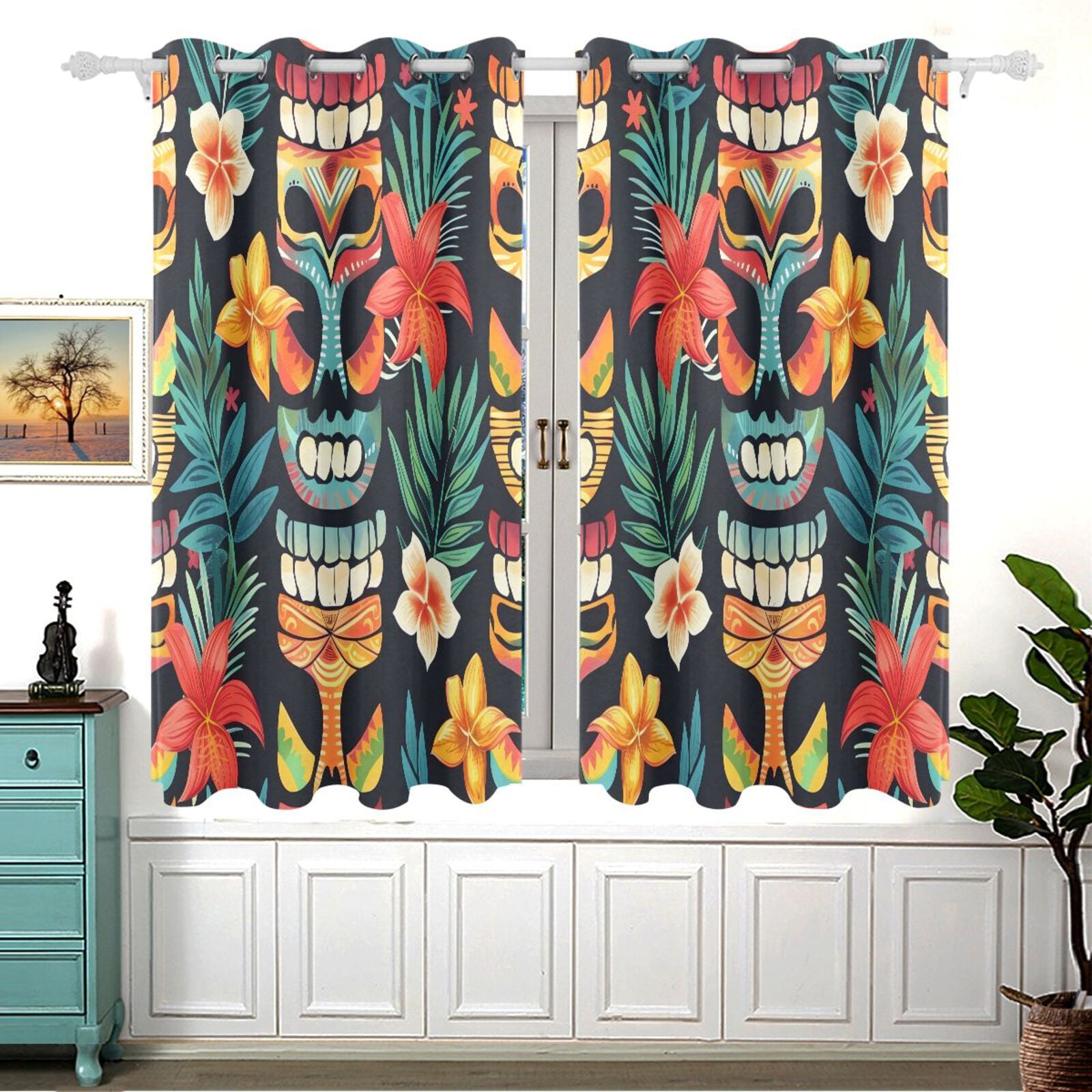 Totem Masks Leaves Curtain Black Out Thermal Insulation Curtains ...