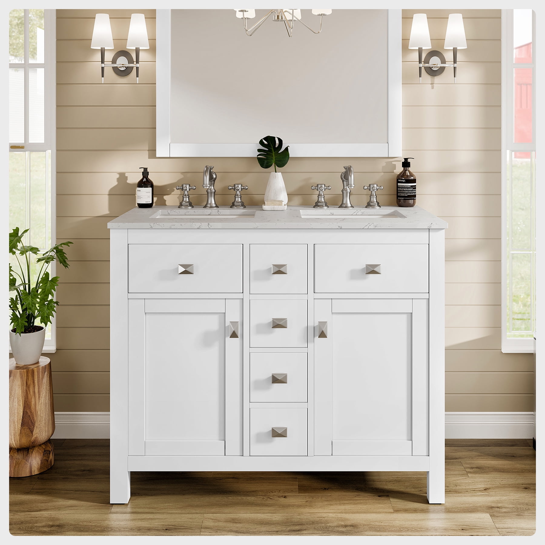 Totti Artemis 44" White Transitional Double Sink Bathroom Vanity w ...