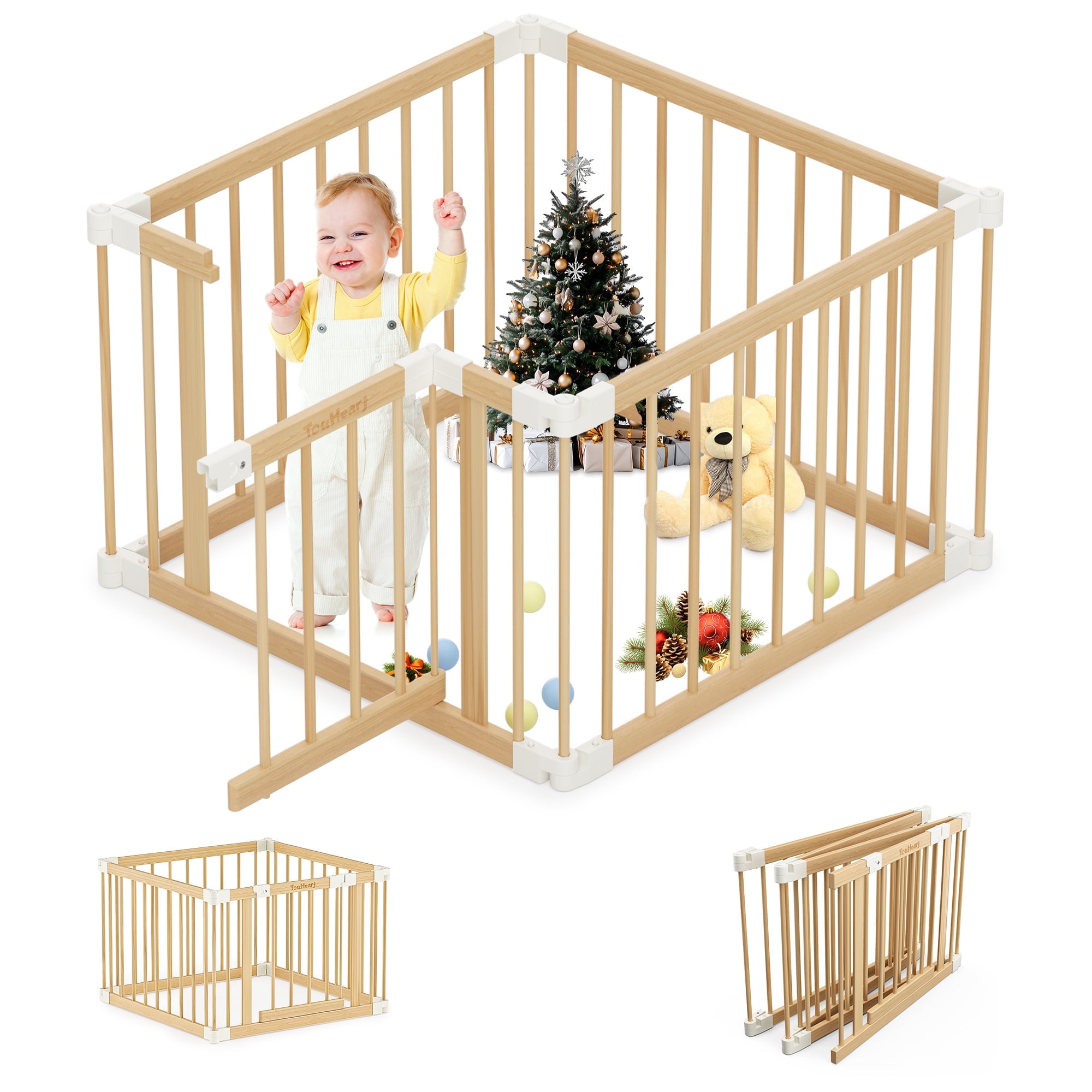 TouHeart Wooden Playpen for Baby & Toddlers, Foldable Large Baby Gate ...