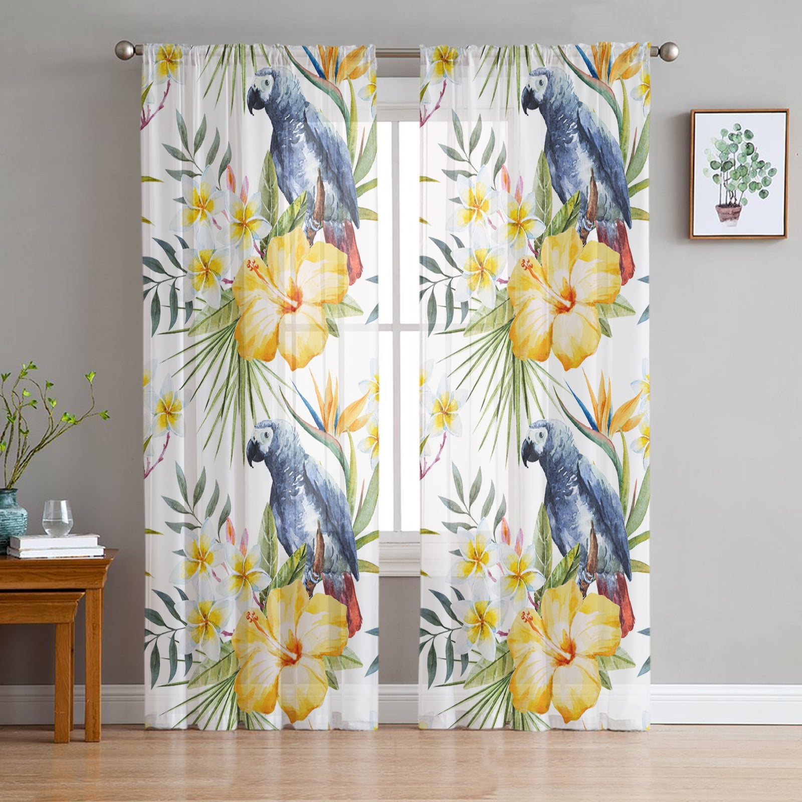 Toucan Flower Fruit Tropical Pineapple Map Tulle Curtain For Living ...