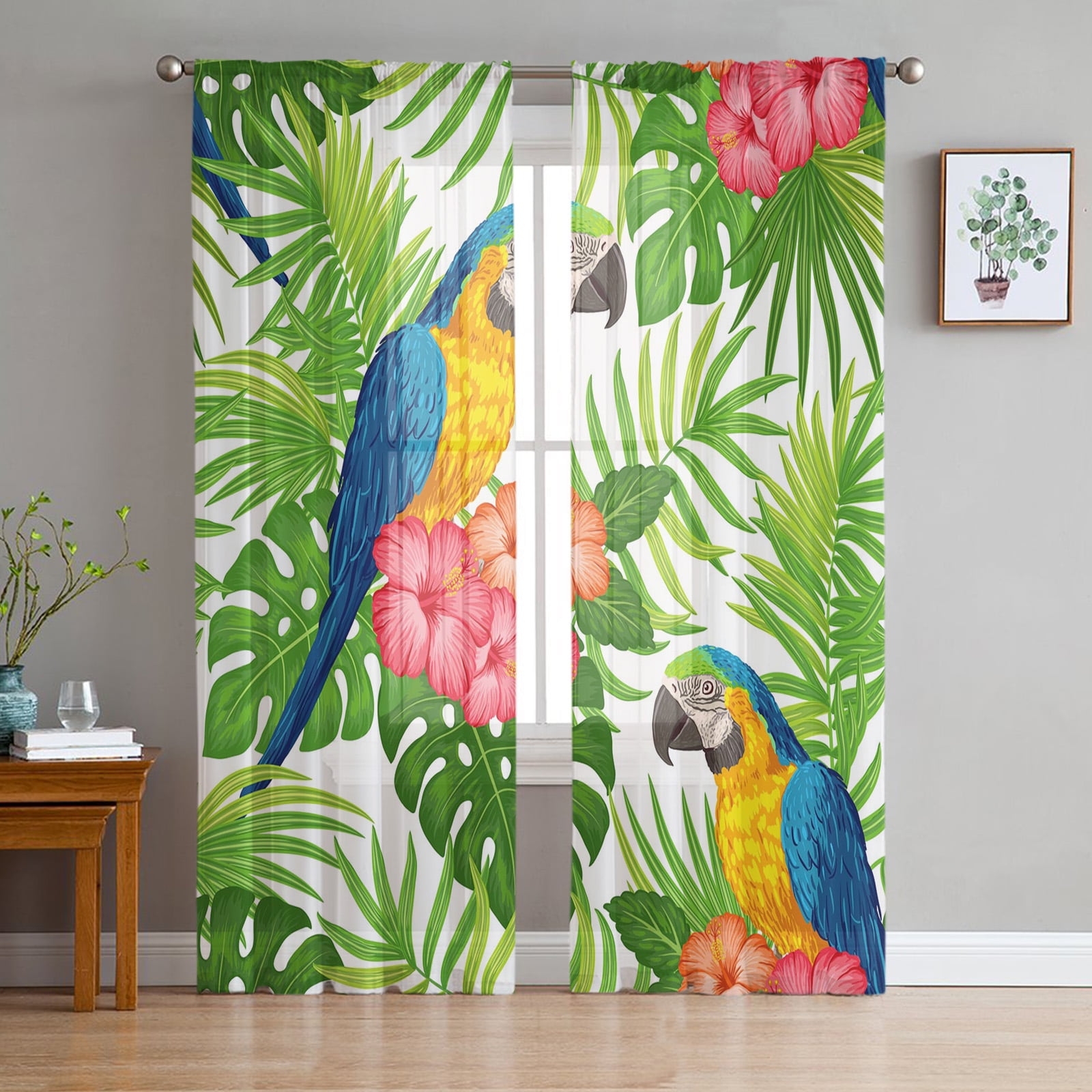 Toucan Flower Fruit Tropical Pineapple Map Tulle Curtain For Living ...