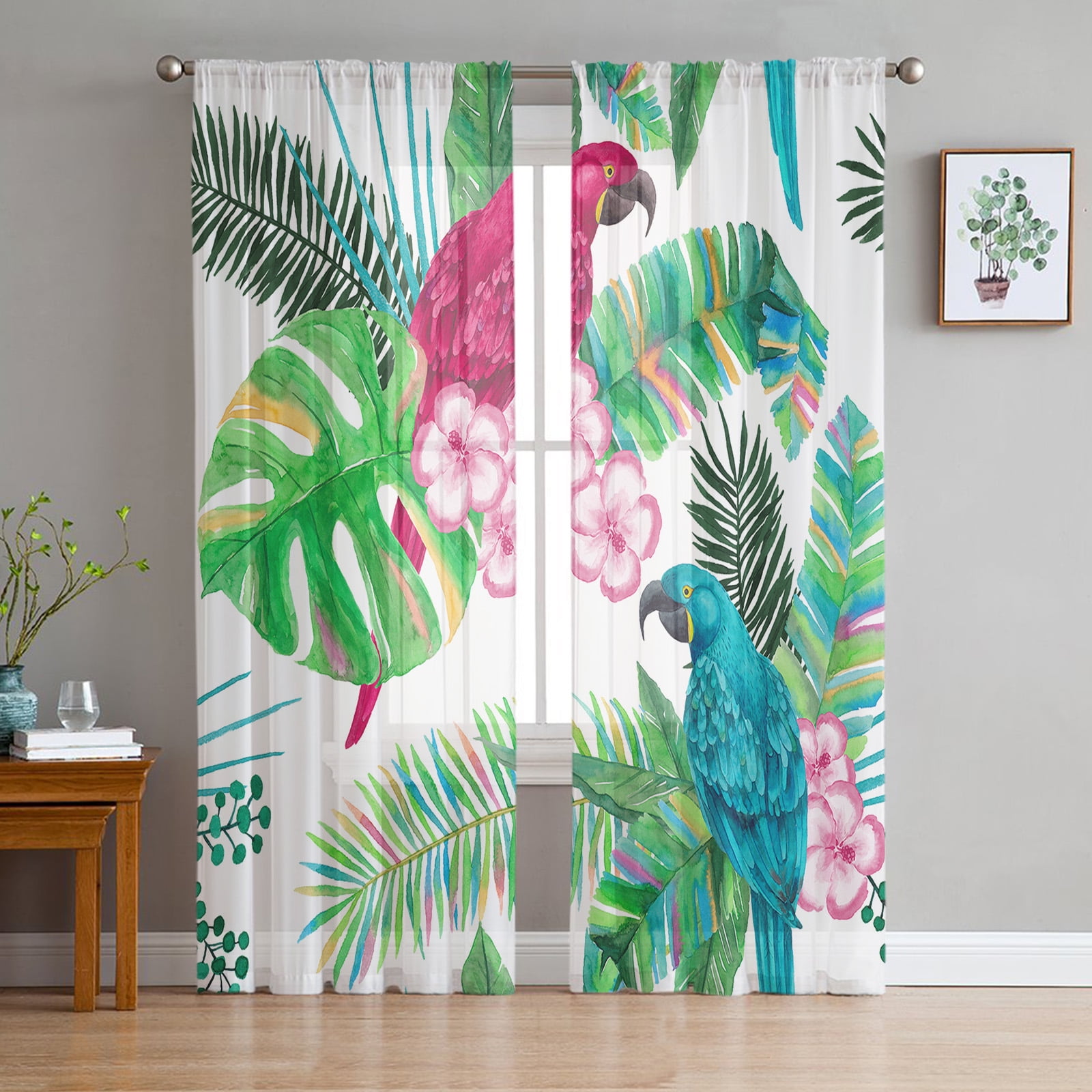Toucan Flower Fruit Tropical Pineapple Map Tulle Curtain For Living ...