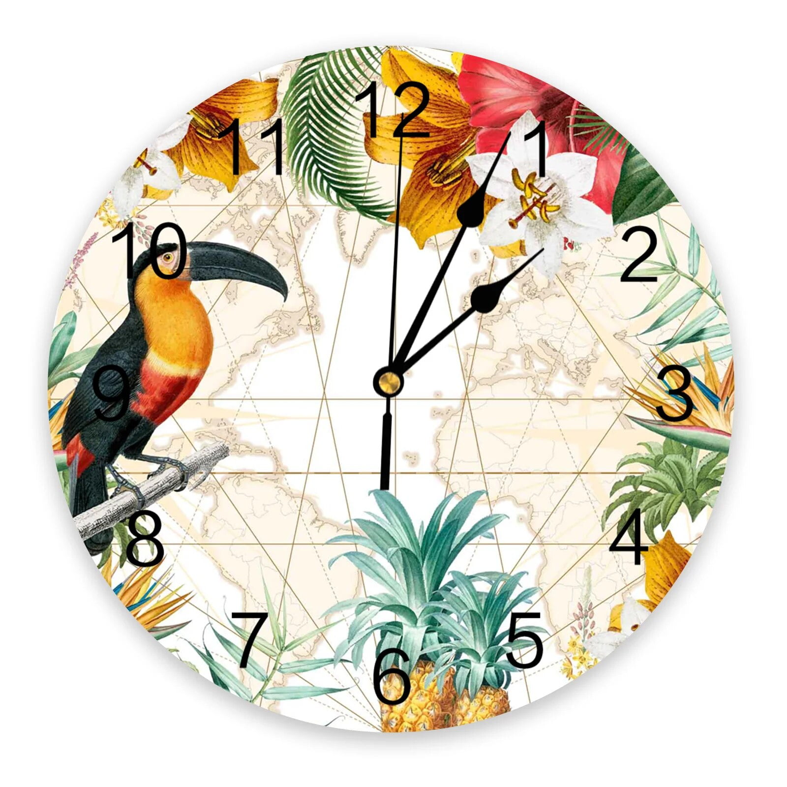 Toucan Flower Tropical Plants Pineapple Wall Clock Modern Design Living ...