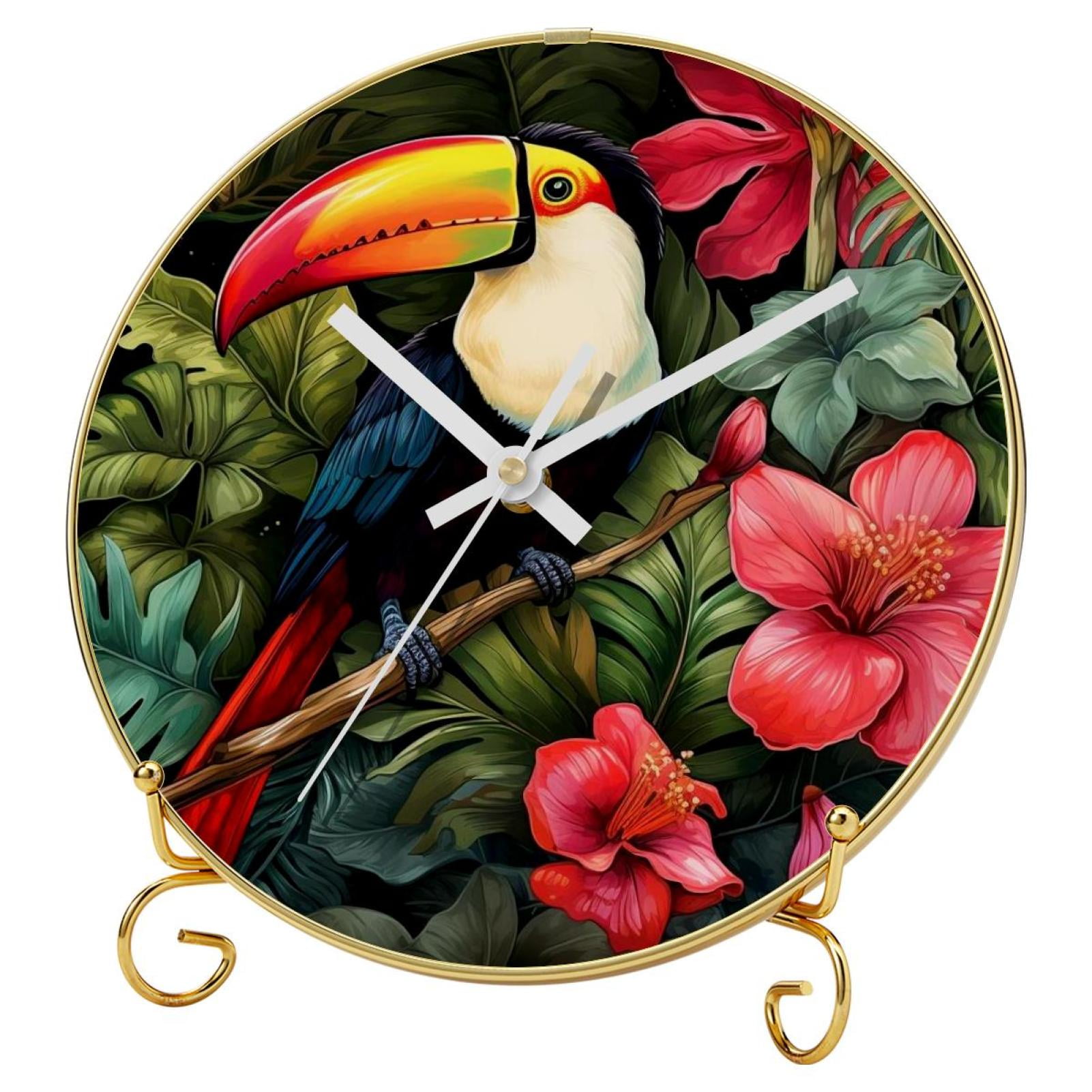 Toucan Modern Round Wall Clocks with Printed Design, Hooks, and Gold ...