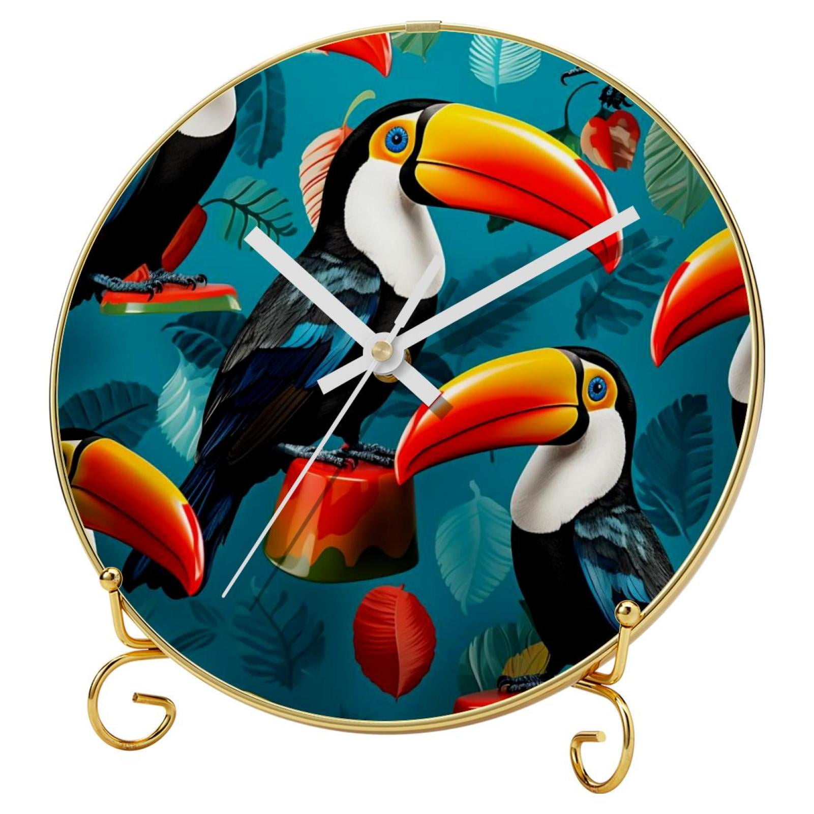 Toucan Round Wall Clock with Hooks and Gold Stand - for Stylish and ...