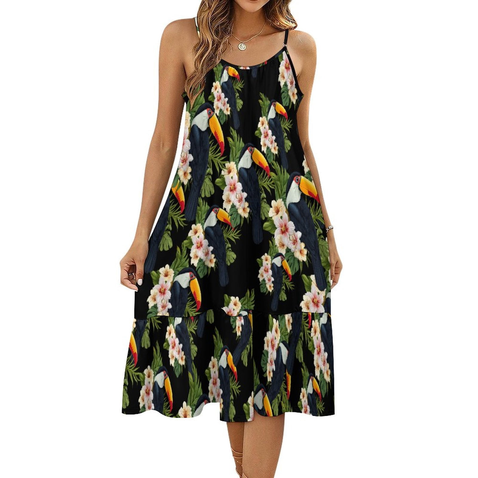 Toucan And Tropical Leaves And Flowers Women Summer Dresses Spaghetti ...
