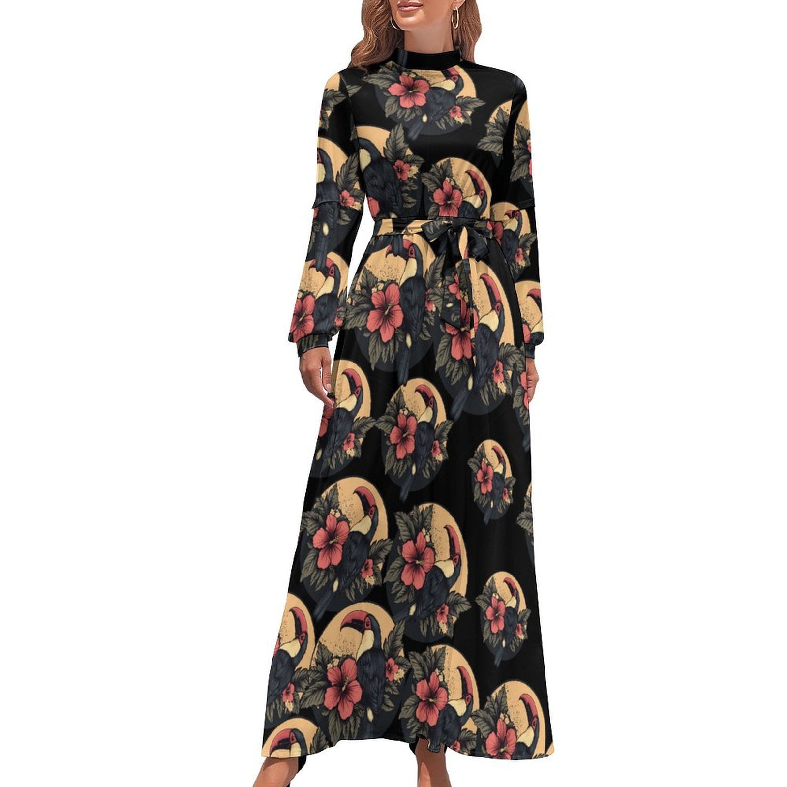 Toucan With Hibiscus Flowers Women's Fall Maxi Dress Long Sleeve ...