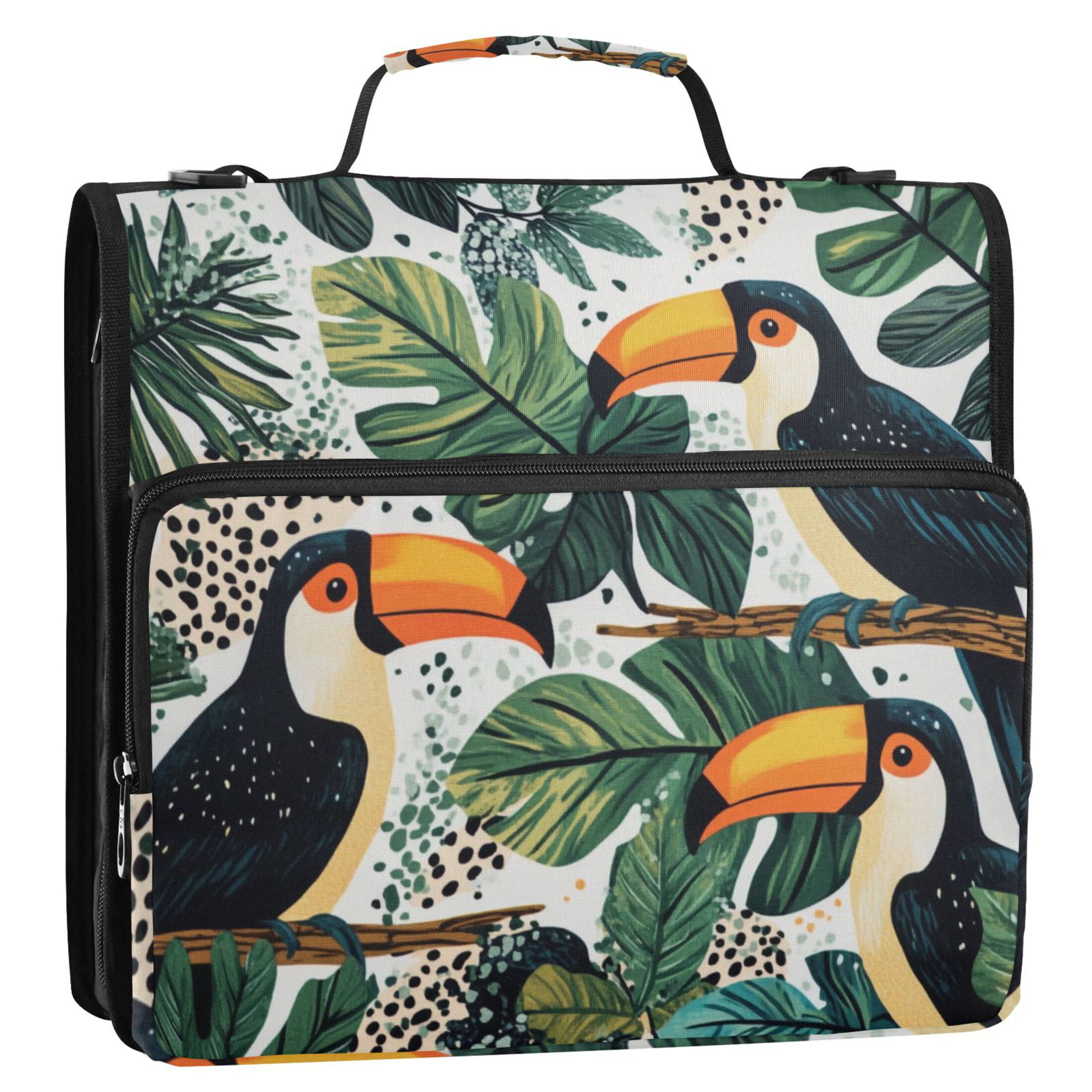Toucans in Jungle Leaves Leopard Print Binder Bag with Shoulder Strap 3 ...