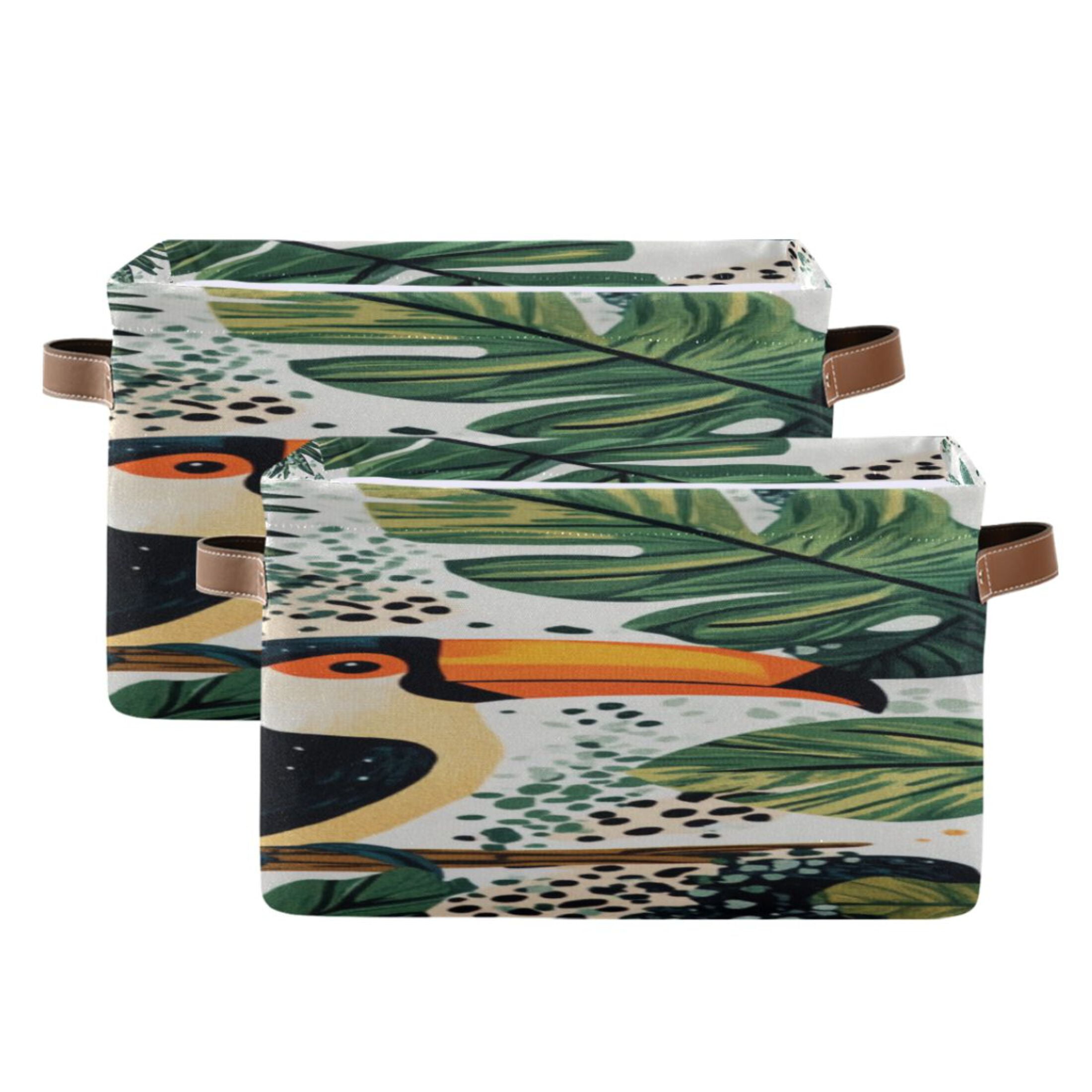 Toucans in Jungle Leaves Leopard Print Square Storage Bins with Handles ...
