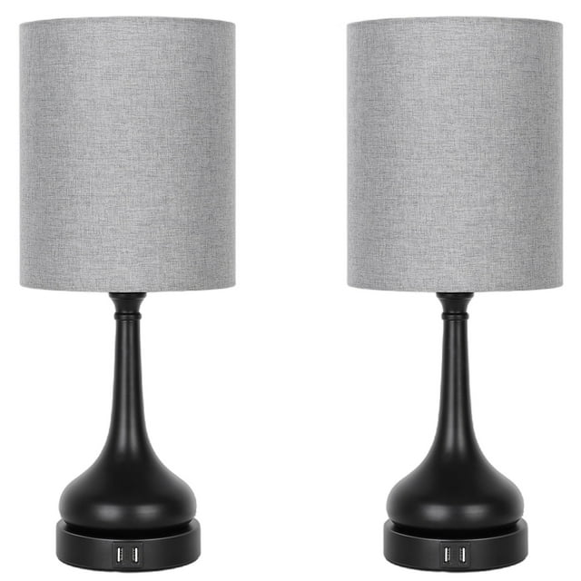 Touch Bedside Lamps with Dual USB Ports, Grey Fabric and Black Vase ...