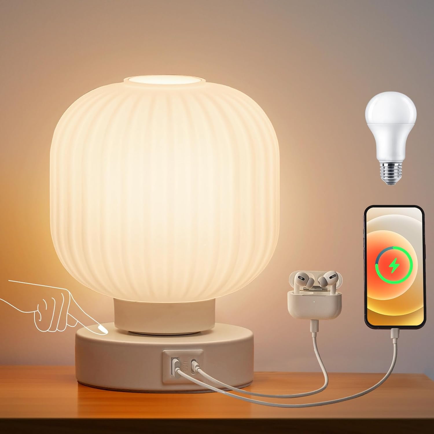 Touch Bedside Table Lamp - Small Table Lamps,3 Way Dimmable with USB C ...