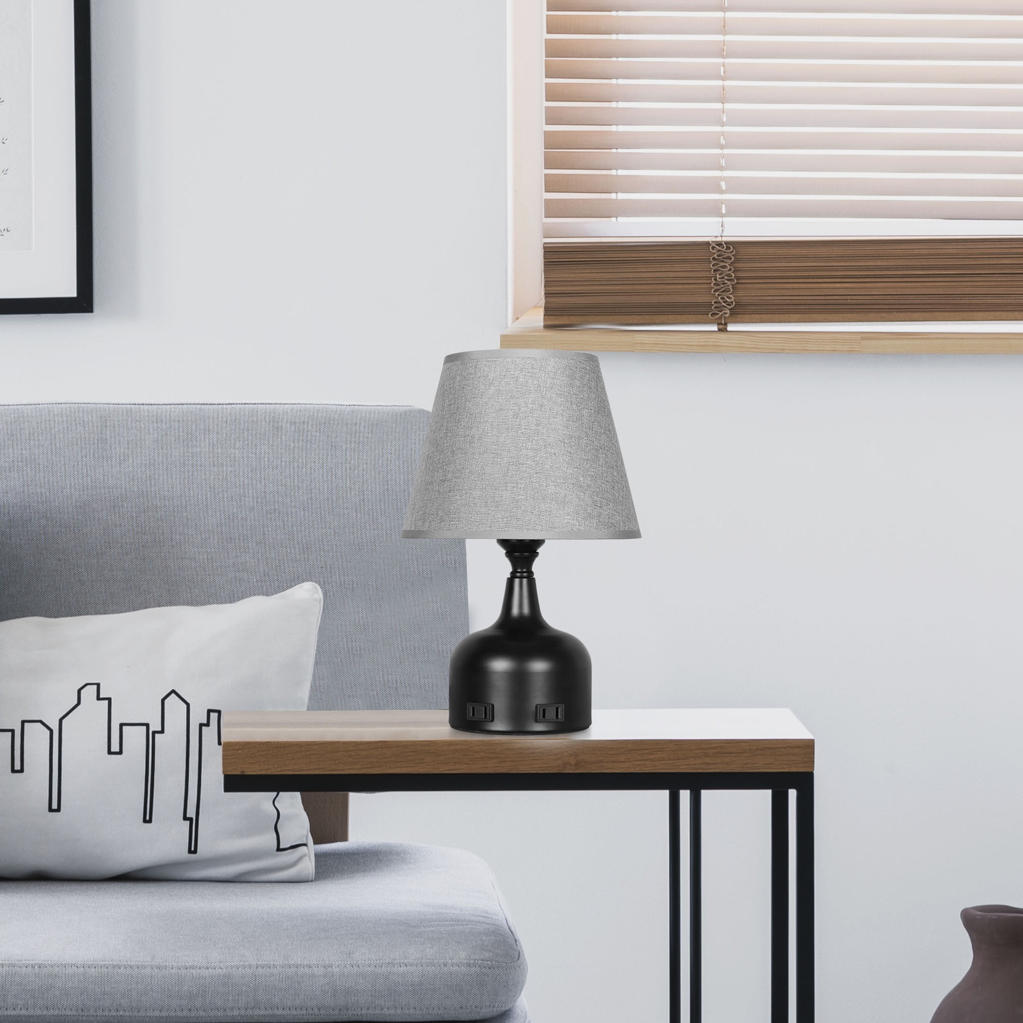 Touch Console Lamp Set 2 Bedside Lamps with Power Socket Modern Cage ...