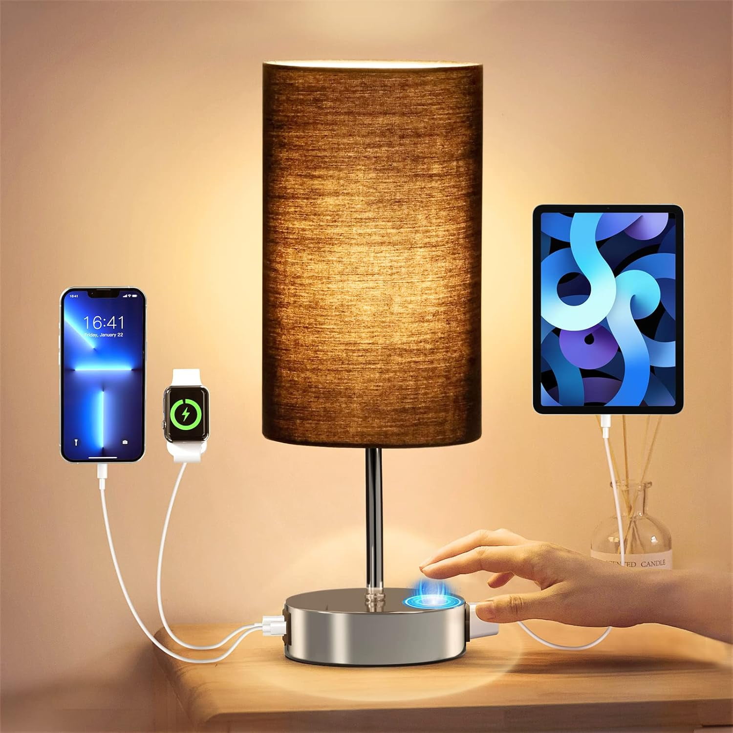 Touch Control Bedside Lamp with USB A+C Charging Ports and AC Outlet, 3 ...
