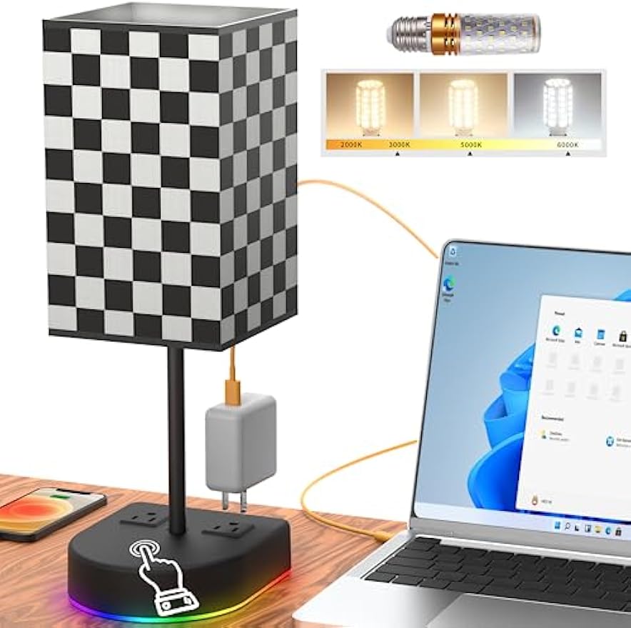 Touch Control Bedside Table Lamp with 12W LED Light Bulb and Chess ...