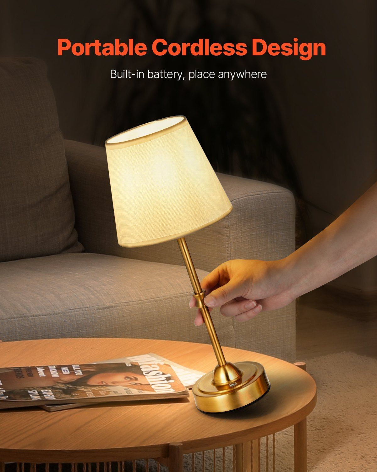 5200mAh Cordless Table Lamp Gold Fabric Shade, Rechargeable Battery ...