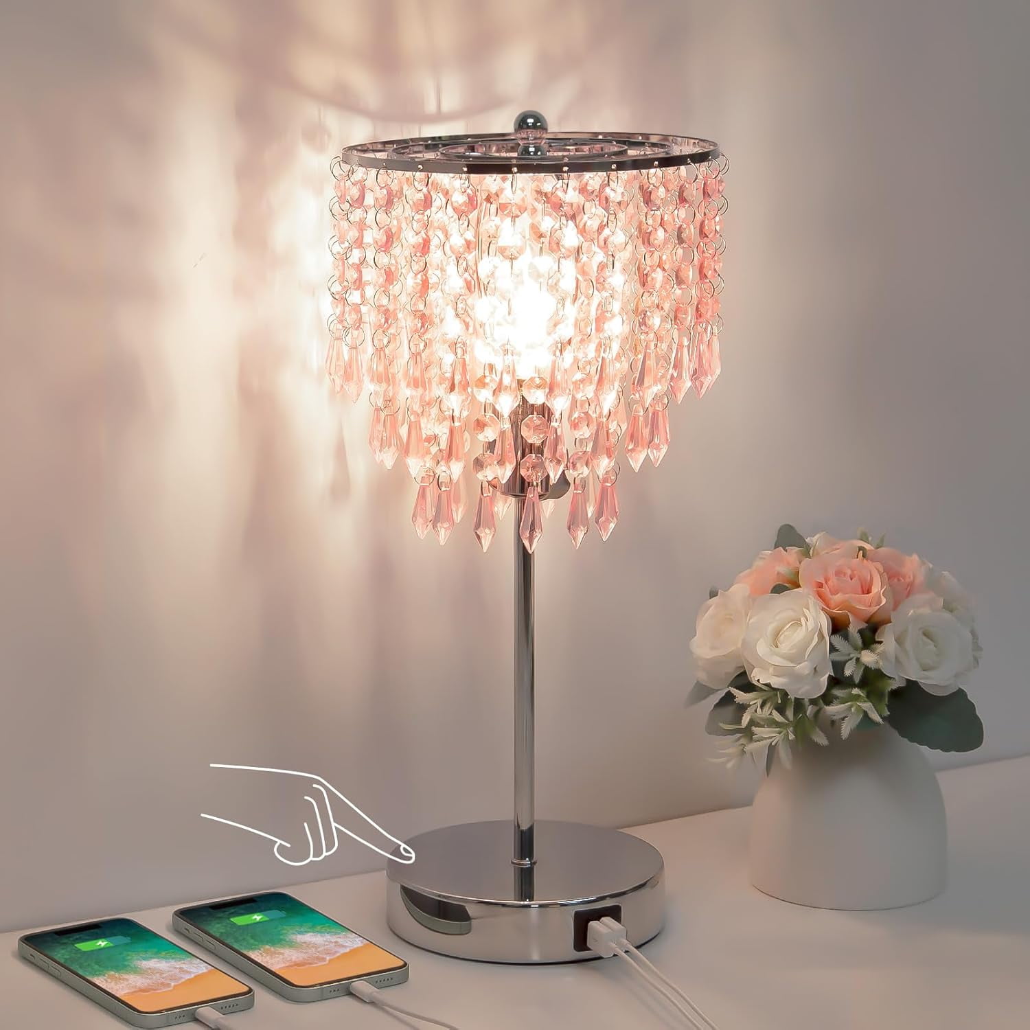 Touch Control Crystal Table Lamp with Dual USB Charging Ports, 3-Way Dimmable Bedside Touch Lamp ...
