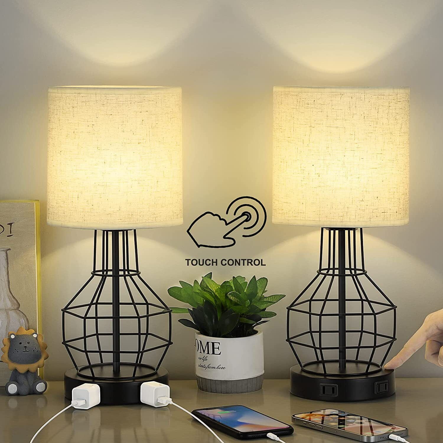 Bedroom Bedside Touch Control Table Lamp Set with 2 USB Charging Ports ...