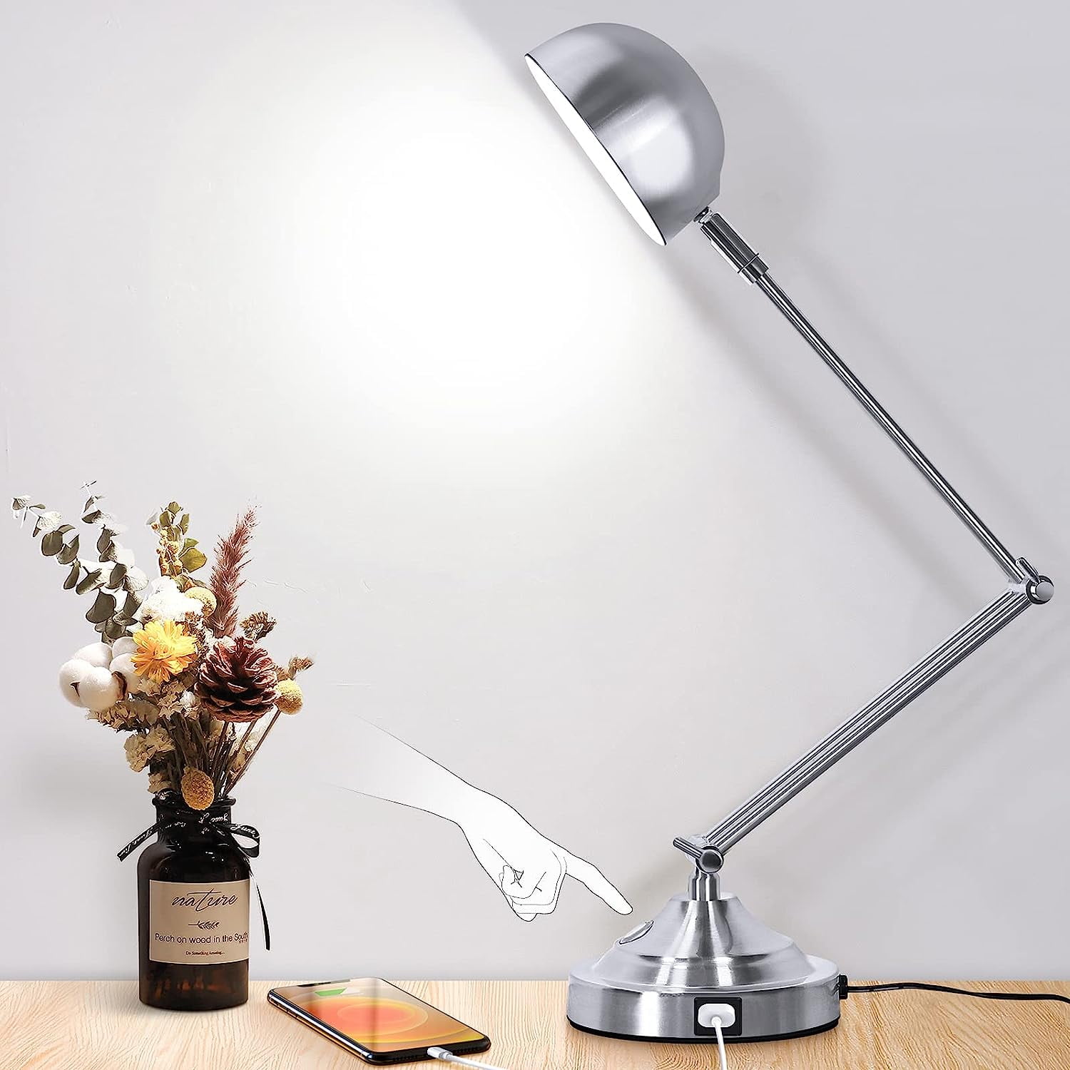 Touch Control LED Desk Lamp with USB Charging Port, Architect Brushed ...
