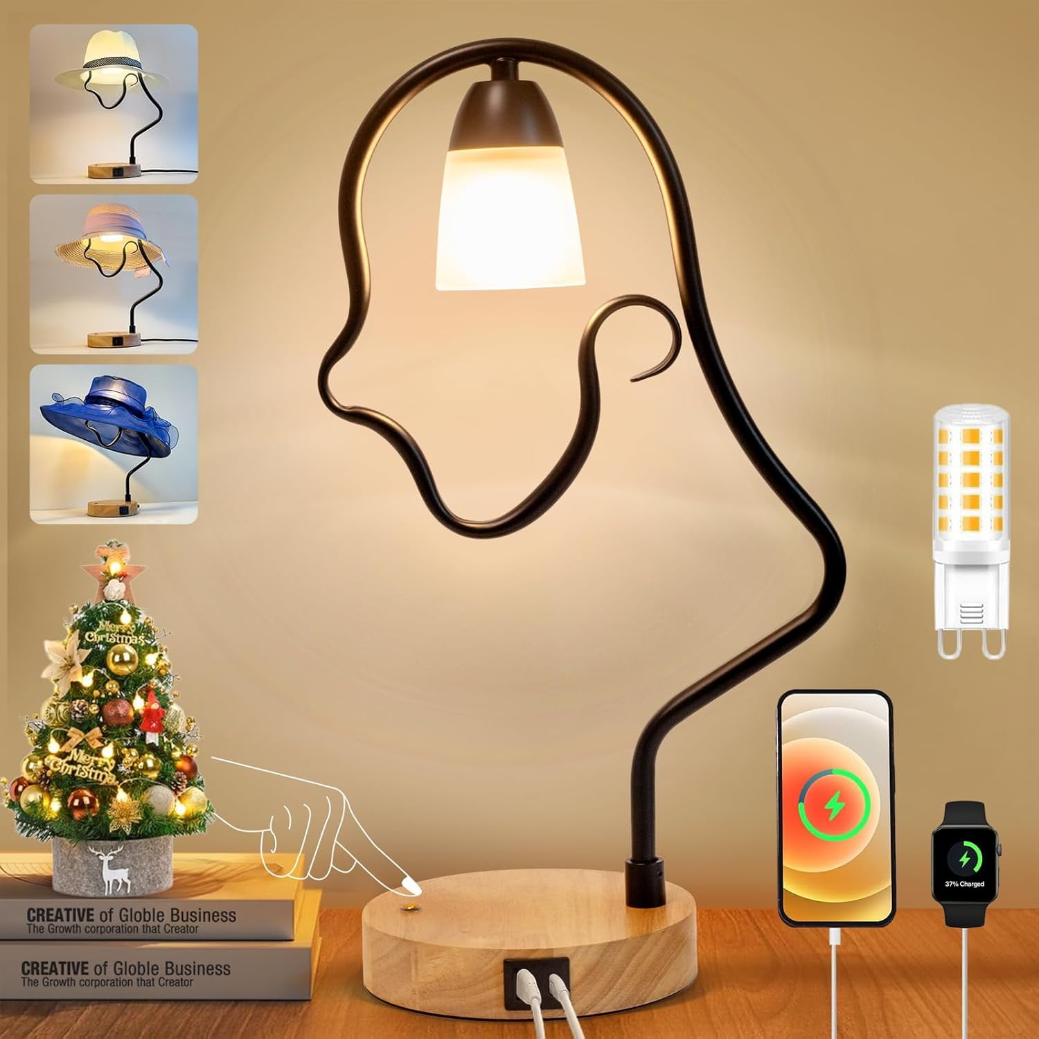 Touch Control Modern Table Lamp - Creative Hat Desk Lamp with USB C and ...