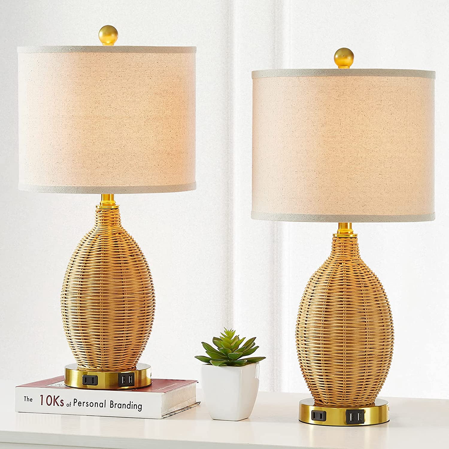 Touch Control Rattan Table Lamps, 3 Way Dimmable Bedside Lamps for ...