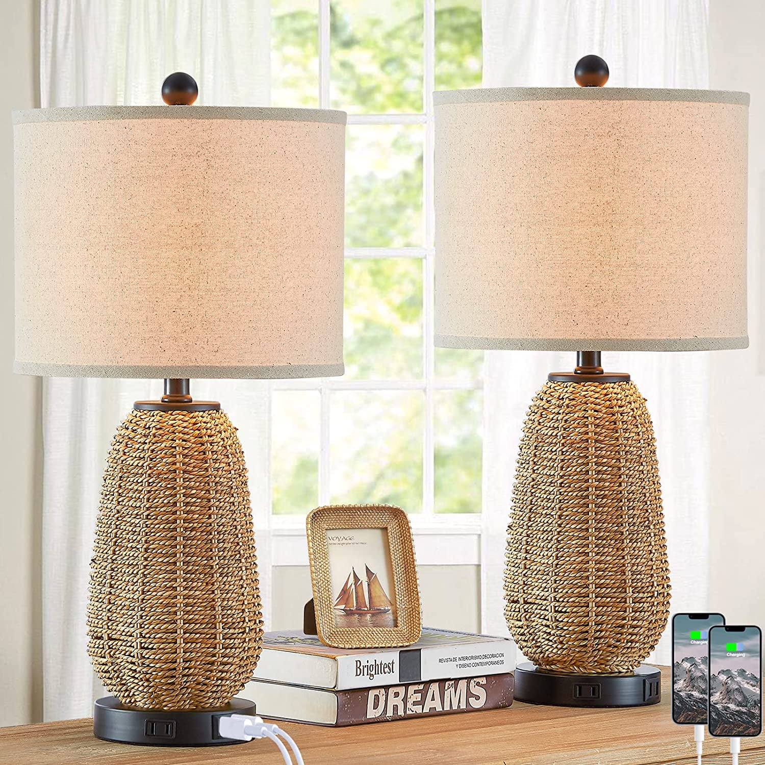 Touch Control Rattan Table Lamps, 3 Way Dimmable Bedside Lamps for ...