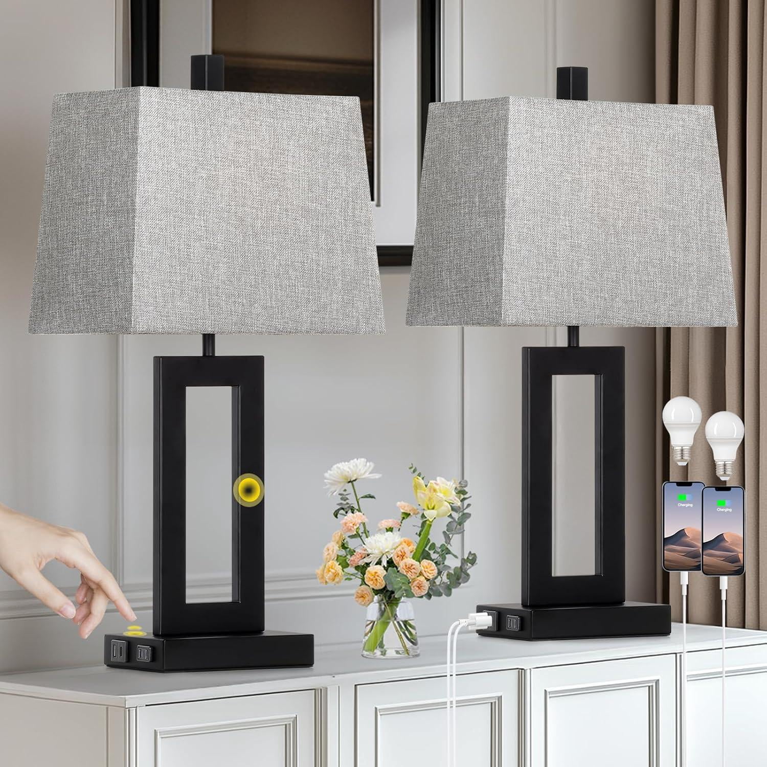 Touch Control Table Lamp Set of 2, Modern Black Bedside Lamps with USB ...