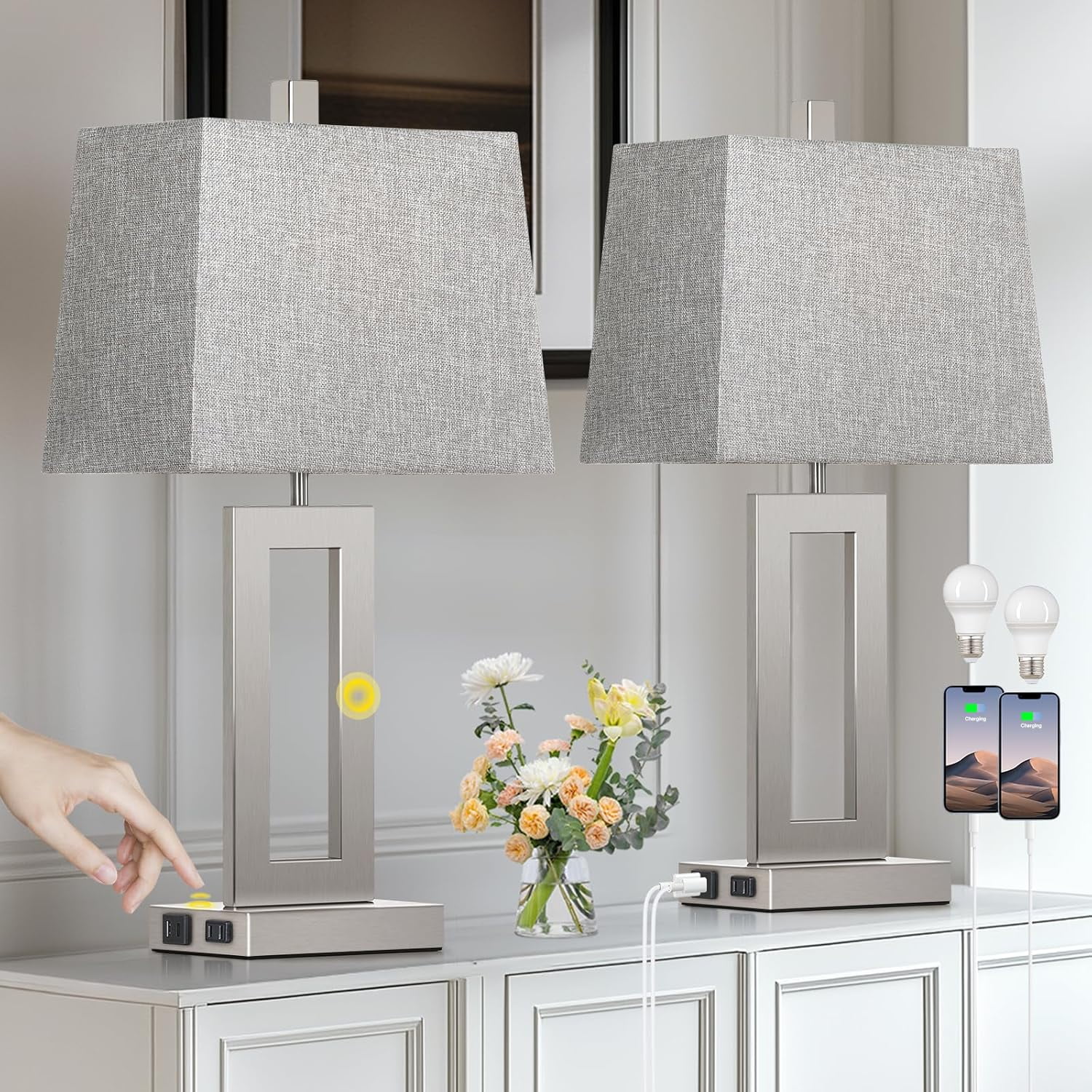 Touch Control Table Lamp Set of 2, Modern Silver Bedside Lamps with USB C+A Ports & AC Outlet, 3 ...
