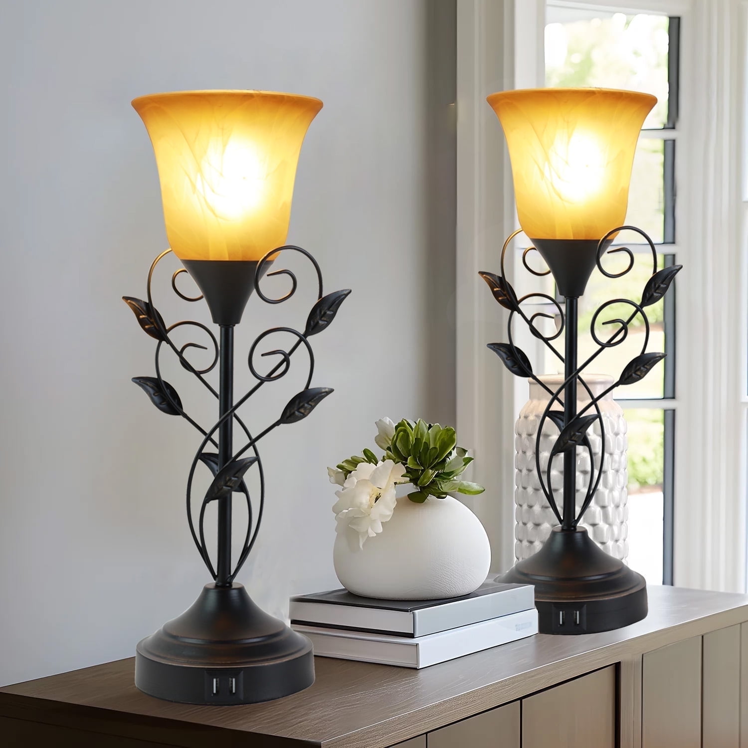 PrimePickMart 18" 2-Light Vintage Dimmable Black Base Table Lamp with ...