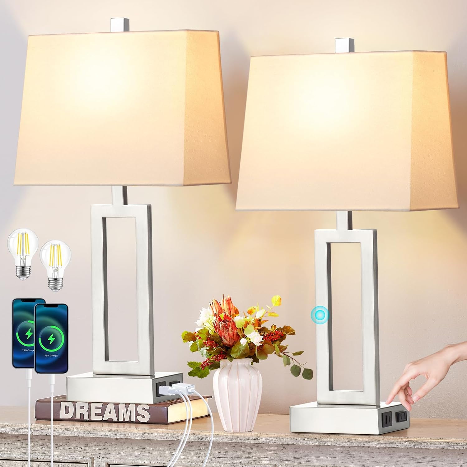 Touch Control Table Lamps for Living Room, 3-Way Dimmable Modern Table ...