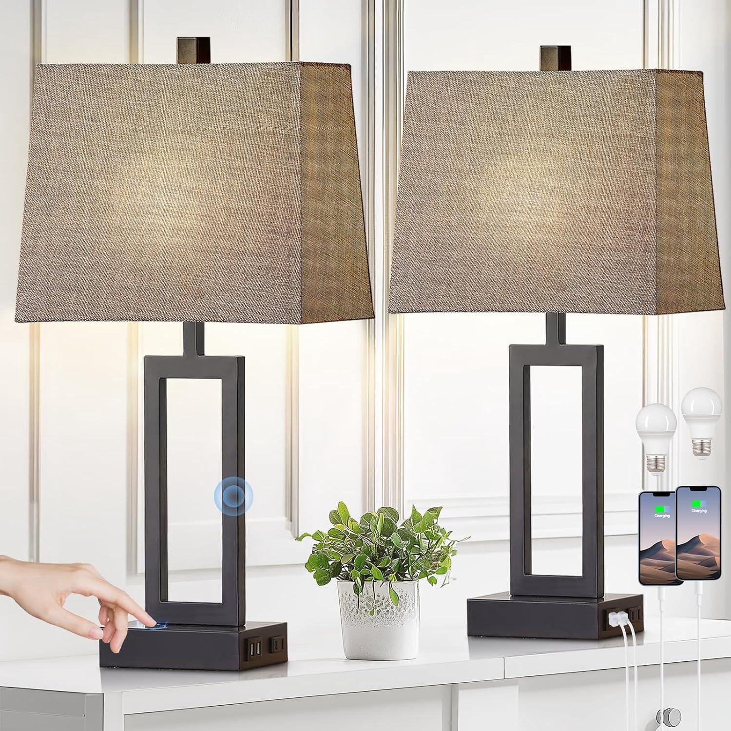 Touch Control Table Lamps Set of 2, Modern Bedside Lamps with USB A+C ...