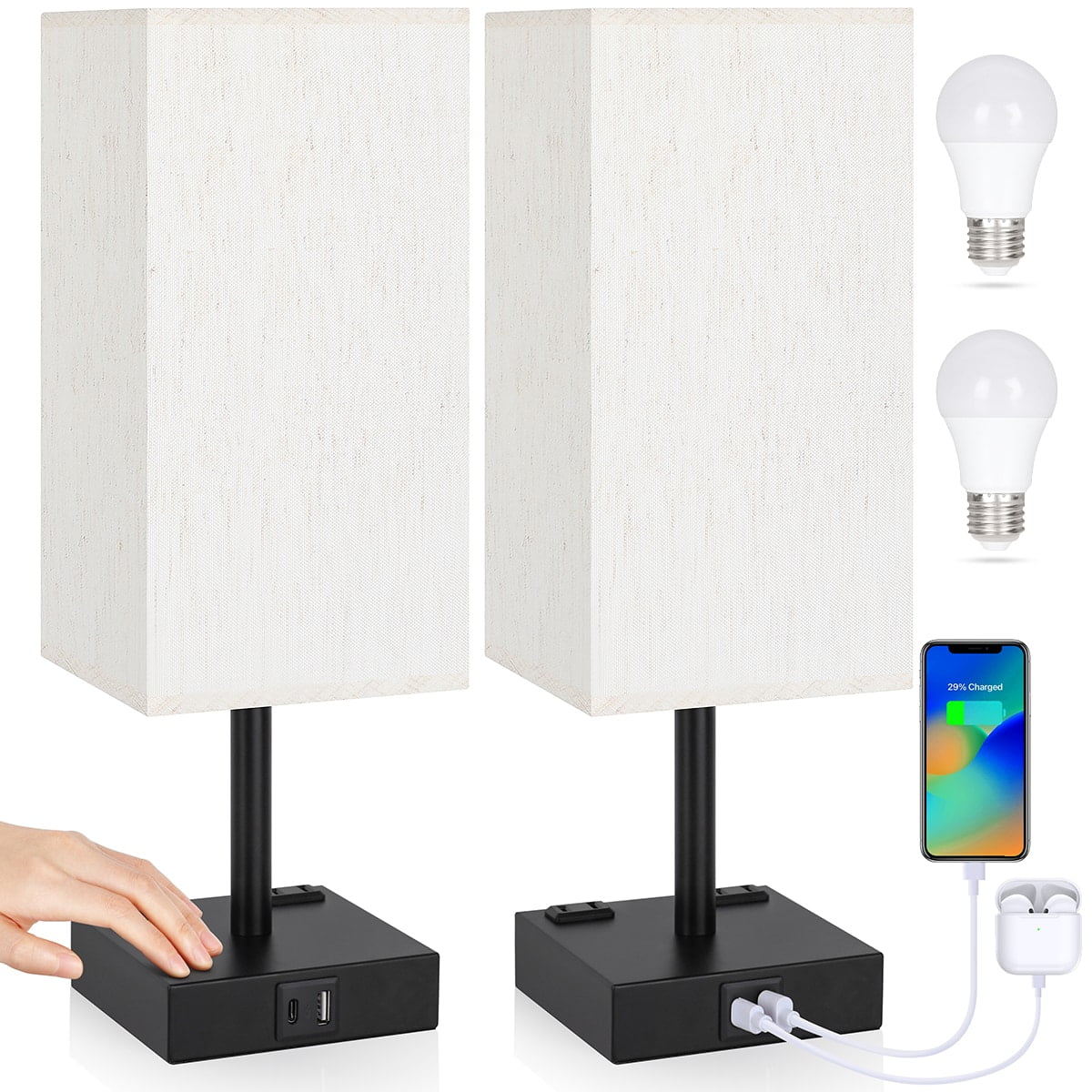 Touch Control Table Lamps Set of 2 - Nightstand Lamp for Bedroom with ...